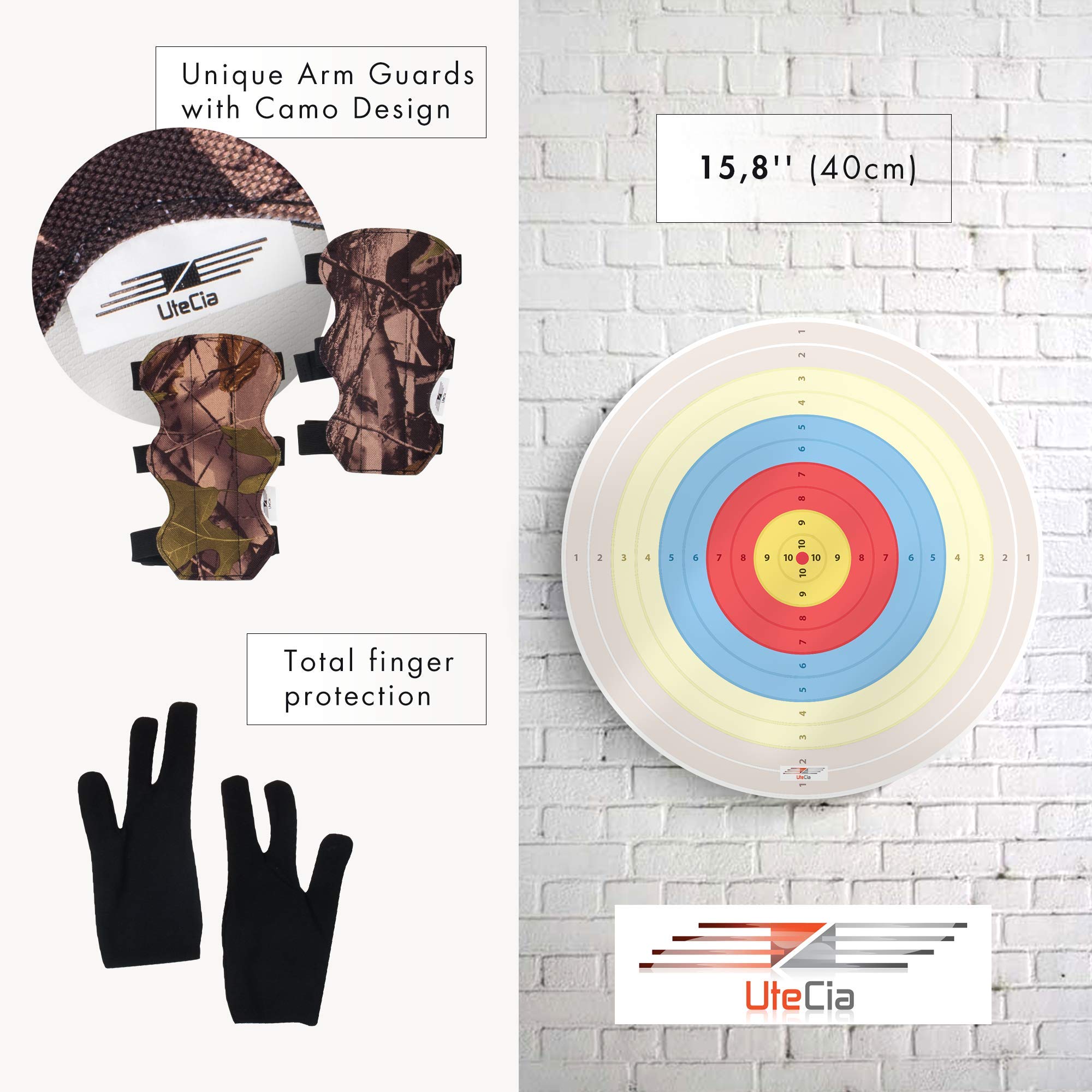 UTeCiA 30 Pcs Complete Archery Set for Kids & Beginners - Safety Rubber Tip Arrow Pack, Handcrafted Wooden Bow, Fabric Quiver, Arm Guard, Finger Glove, Target Sheets - Outdoor and Indoor Shooting Toy
