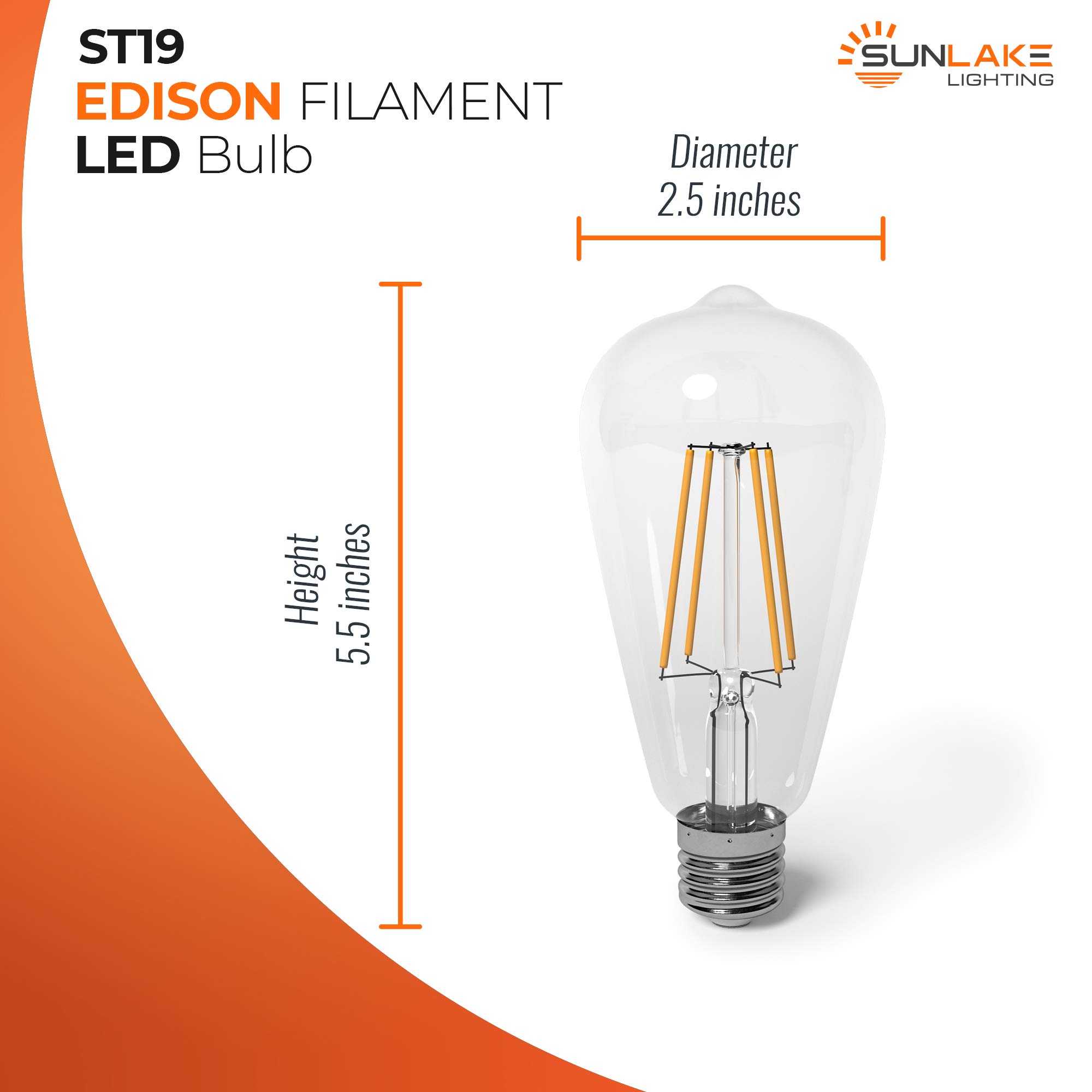SUNLAKE LIGHTING 10 Pack ST19 (ST64) LED Bulb, Vintage Edison Filament ST64 Style Bulb, Dimmable, Wet Rated Waterproof, 5W=60W, 2700K Soft White, 500 LM, E26 Base, Restaurant or Outdoor String Lights