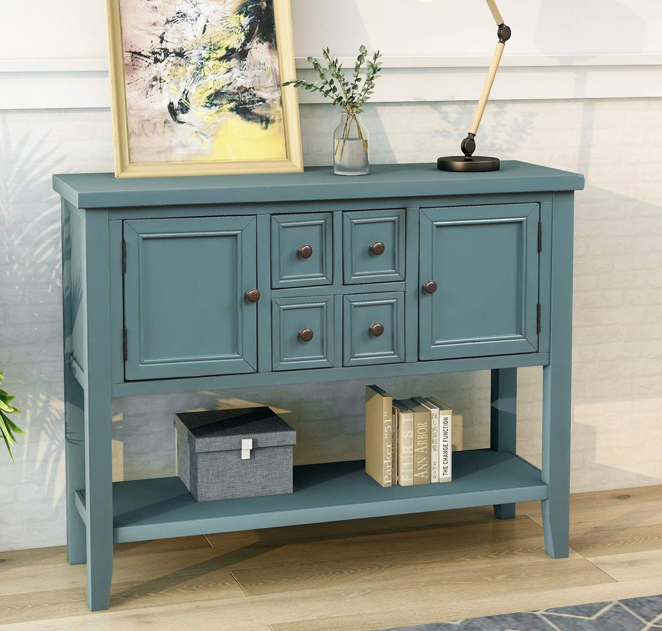 Rhomtree Console Table Sideboard Buffet Storage Cabinet Home Furniture for Entryway Hallway with Bottle Shelf (Dark Blue)
