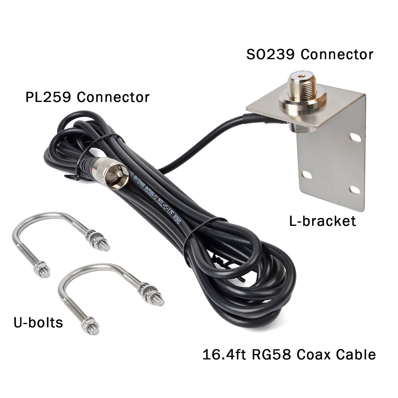 TWAYRDIO VHF Marine Antenna, 156-163MHz 50W Boat Radios Antennas with 16.4ft Coaxial Cable (SO239 to PL259 Connector),L-Shape Mounting Bracket and U-bolt for Midland Uniden Cobra Icom Marine Radio