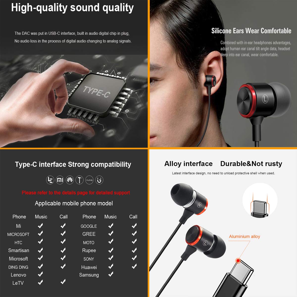 USB C Headphones, USB Type C Earphone Stereo in-Ear Earbuds Hi-Fi Digital,with Gift Bag,Microphone Bass Earbud with Mic and Volume Control Compatible with Google Pixel 2/XL, Xiaomi, Huawei and More
