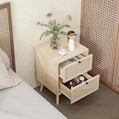 Rattan Nightstand Set of 2, End Table rattan bedside table Side Table with 2 Hand Made Rattan Decorated Drawers Wood Accent Table with Storage 2-Drawer for Bedroom, Living Room, Natural 2 Pack