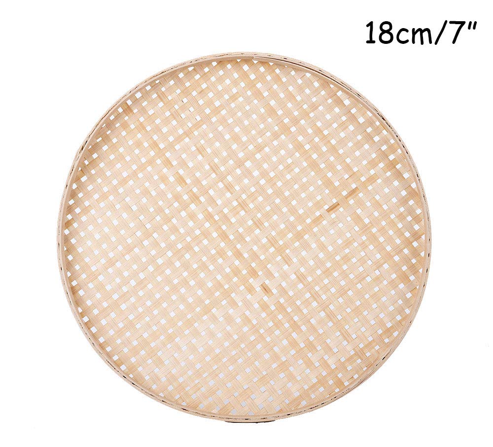 TimesFriend (Only by Bulk) 100% Handwoven Flat Wicker Round Fruit Basket Woven Food Storage Weaved Shallow Tray Bin Vegetable Organizer Holder Bowl Decorative Rack Display (18cm/7")