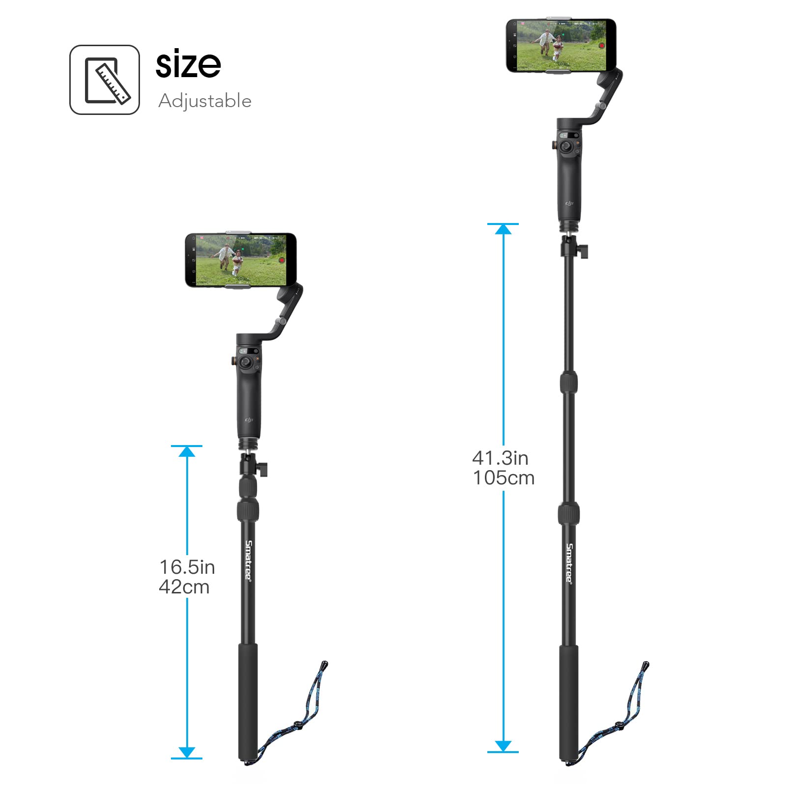 Smatree SmaPole DS1S Extendable Stick Compatible for DJI OM 4 SE/DJI OM 5/DJI OM6/DJI OSMO Action 2/DJI OSMO Action 3/G*Pro 12/11/10/Max/9/8/Cell Phone
