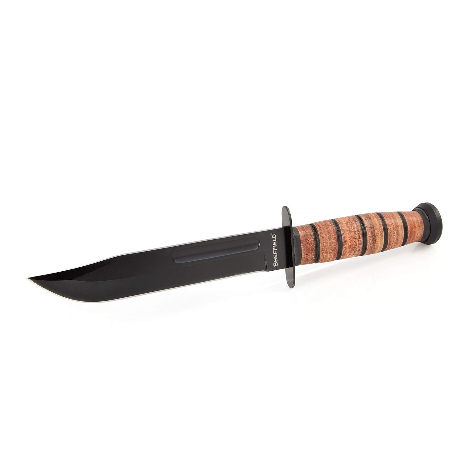 Sheffield 12693 Military Gear Fixed Blade Knife, 7 Inch Clip Point Full Tang Knife, 5 Inch Stacked Leather Handle, Fixed Blade Knife with Sheath