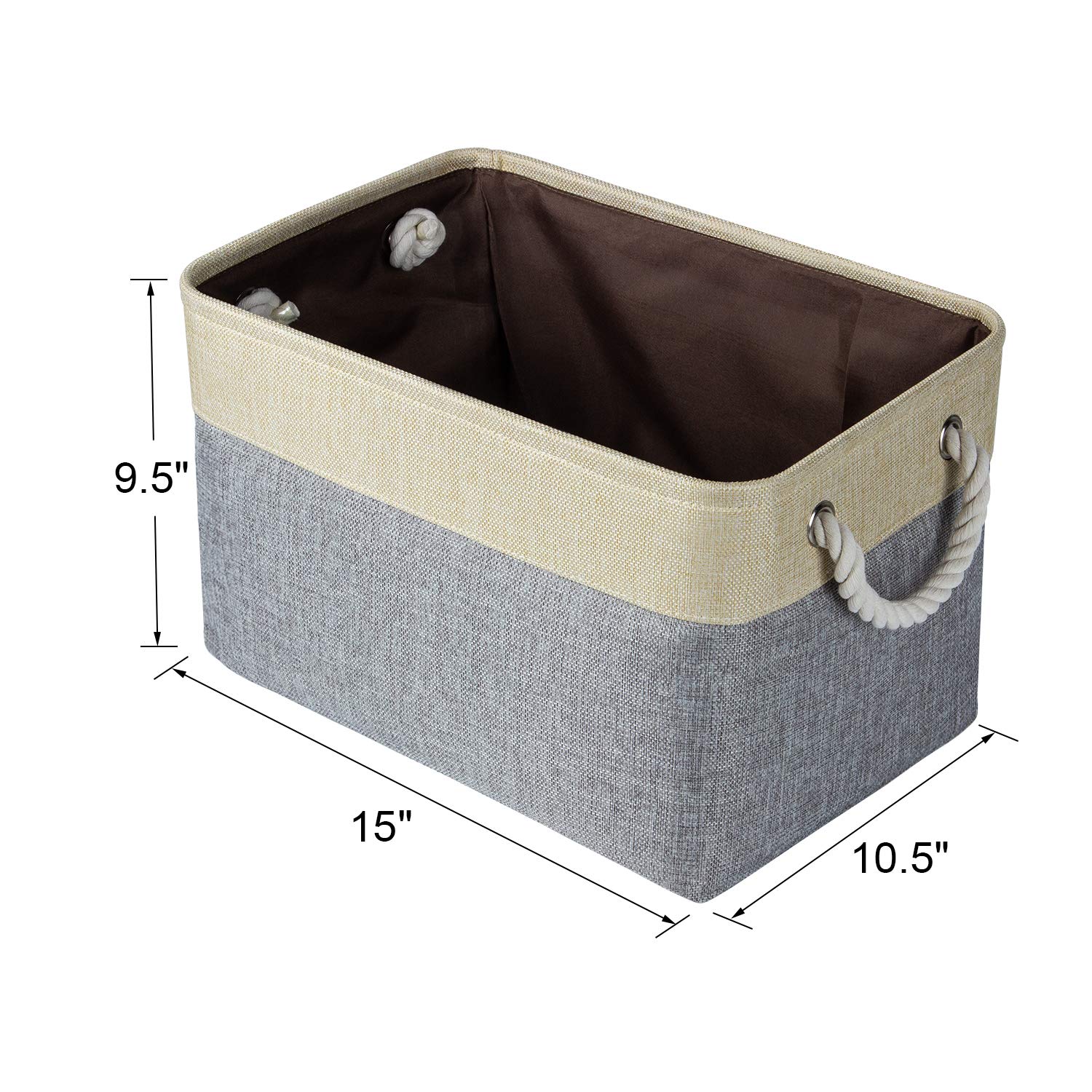 Univivi 4-Pack Storage Large Basket Set Foldable Storage Bins with PU Handles Rectangle Fabric Organizer Bins (Rope Handles-Gray, 15 Inch)