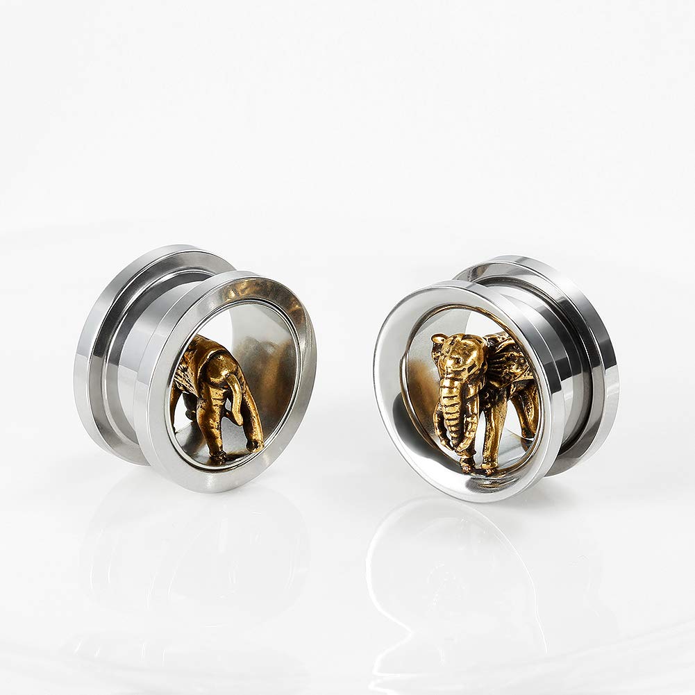 TBOSEN 2PCS Set Elephant Style Ear Tunnels Plugs Stainless Steel Ear Gauges Expander Stretcher Screwed Ear Tunnels for Size 0g (8mm)-1''(25mm)