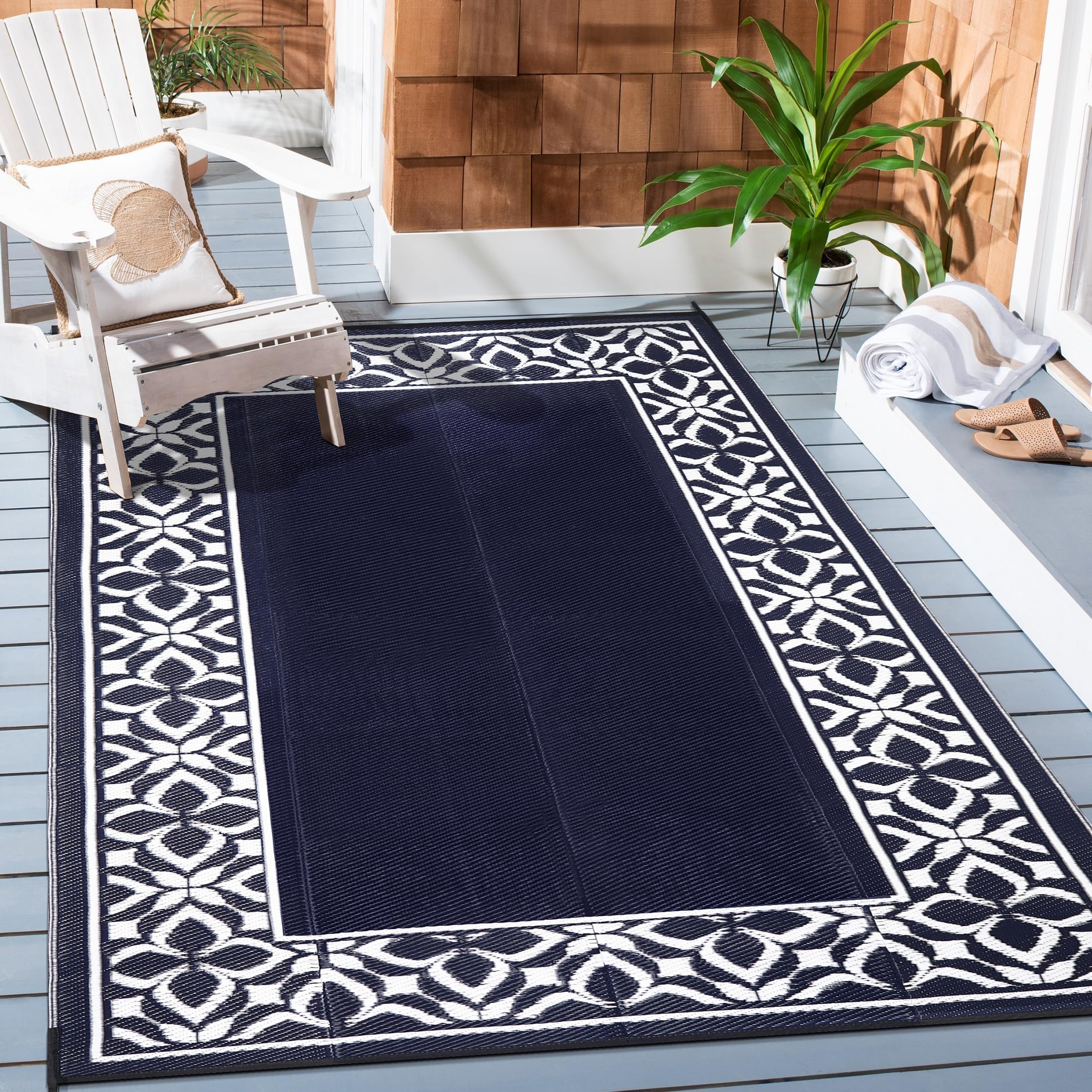 PureCozy Outdoor Plastic Straw Rug Navy Blue Waterproof Indoor Outdoor Patio Rug 5x8 Carpet Geometric Reversible Mat Modern Washable Large Outside Area Rug for Camping RV Porch Deck Balcony Beach