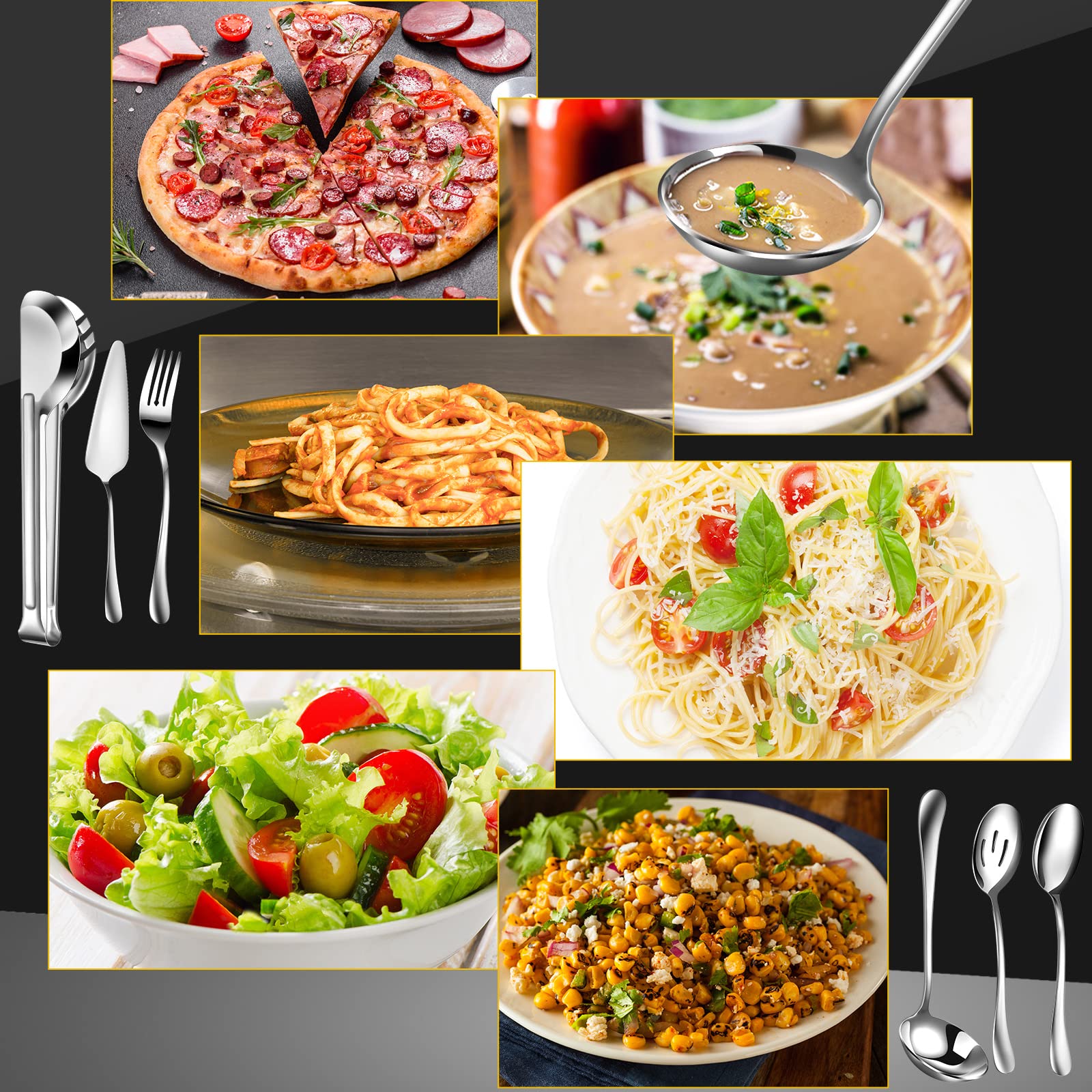 Thenshop 30 Pcs Stainless Steel Serving Utensils Set Serving Flatware Set Include Large Serving Spoons Slotted Spoons Serving Forks Soup Ladle Pie Server and Serving Tongs for Buffet Party (Silver)