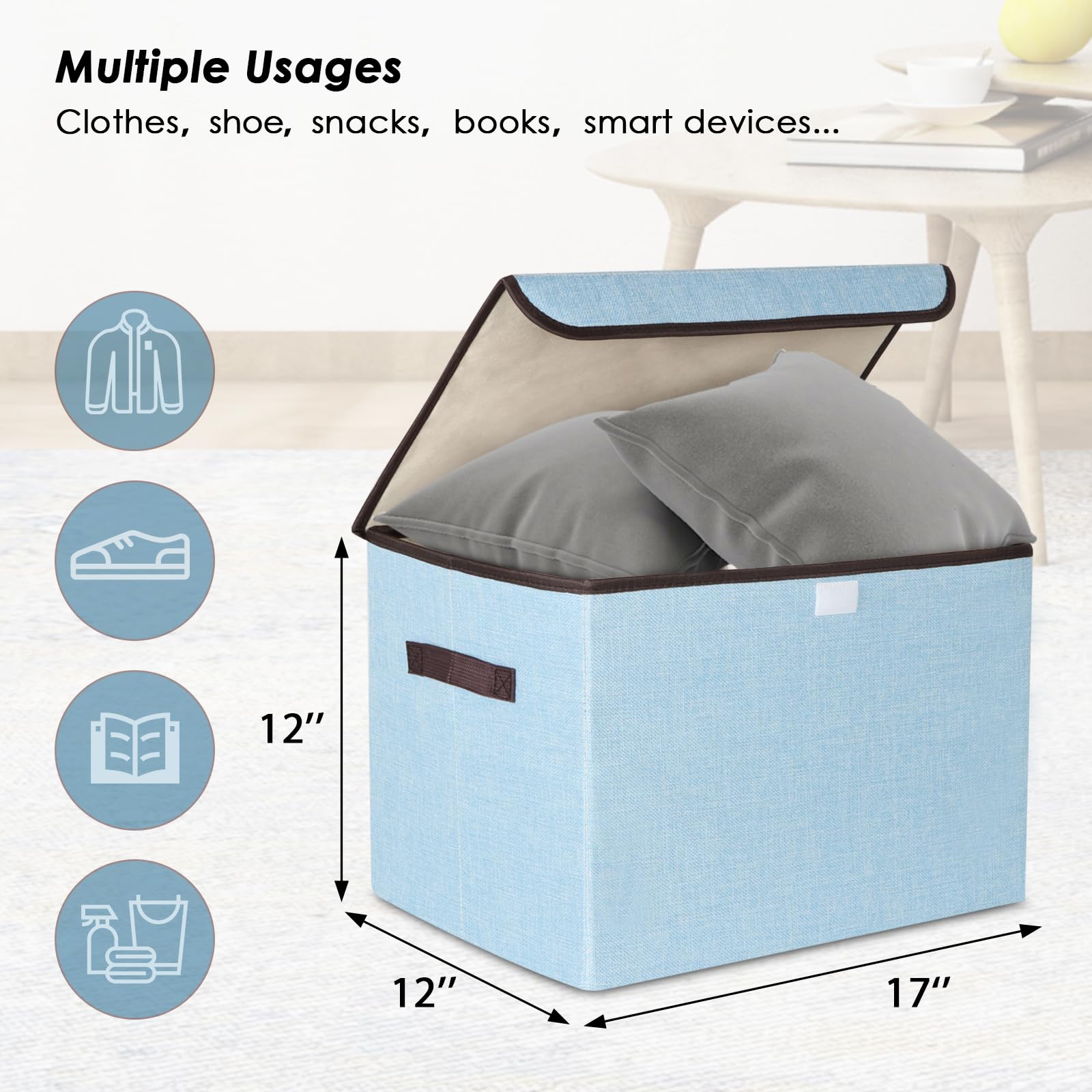 Univivi Fabric Foldable Storage Boxes Large Collapsible Stackable Storage Bins with Lids, Closet Organizers and Storage Cube Basket for Home, Office, Bedroom (17''-4 Pack-BLUE)
