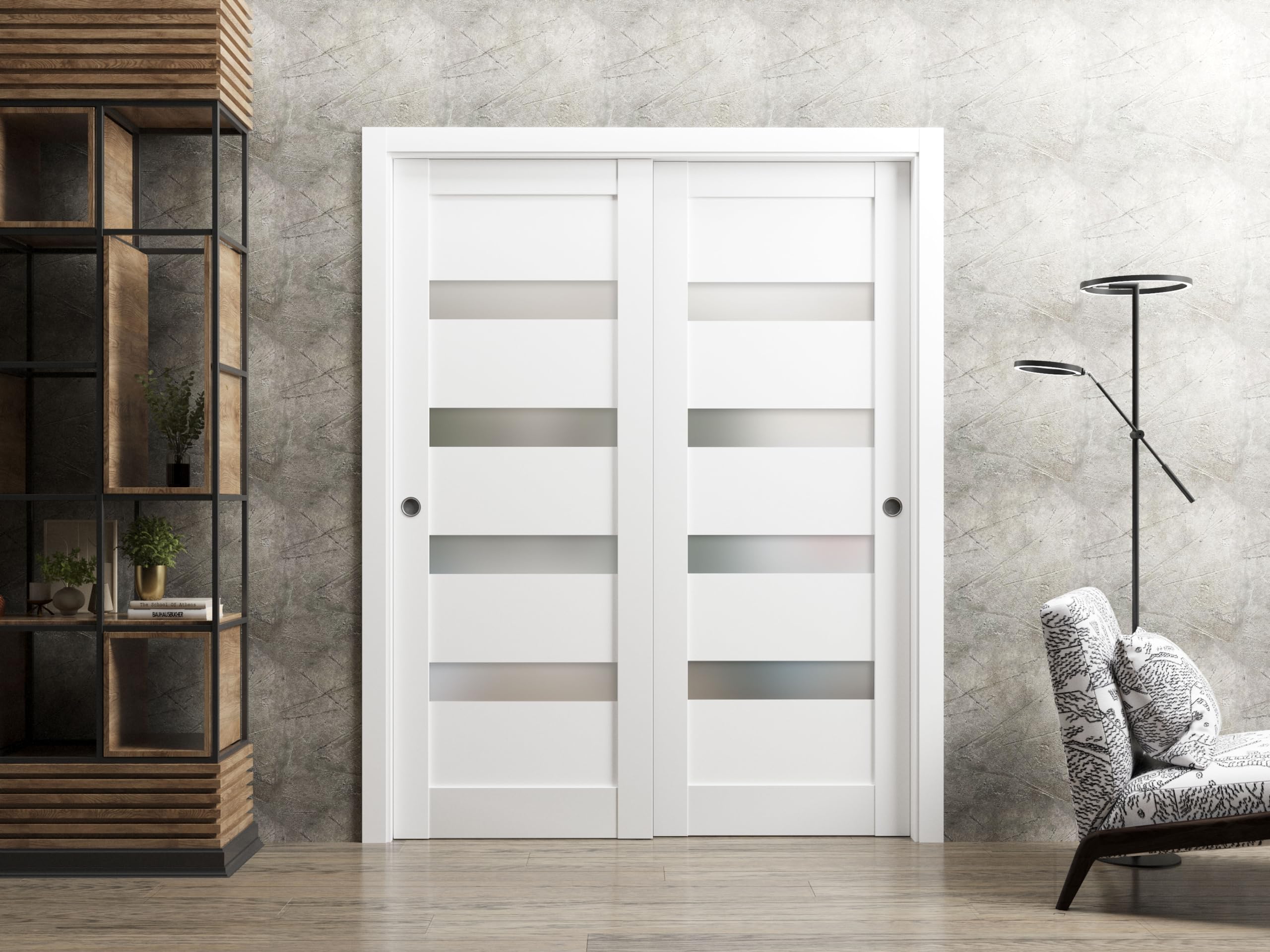 Sliding Closet Bypass Doors 60 x 80 with Hardware | Quadro 4113 White Silk with Frosted Opaque Glass | Sturdy Top Mount Rails Moldings Trims Set | Kitchen Lite Wooden Solid Bedroom Wardrobe Doors