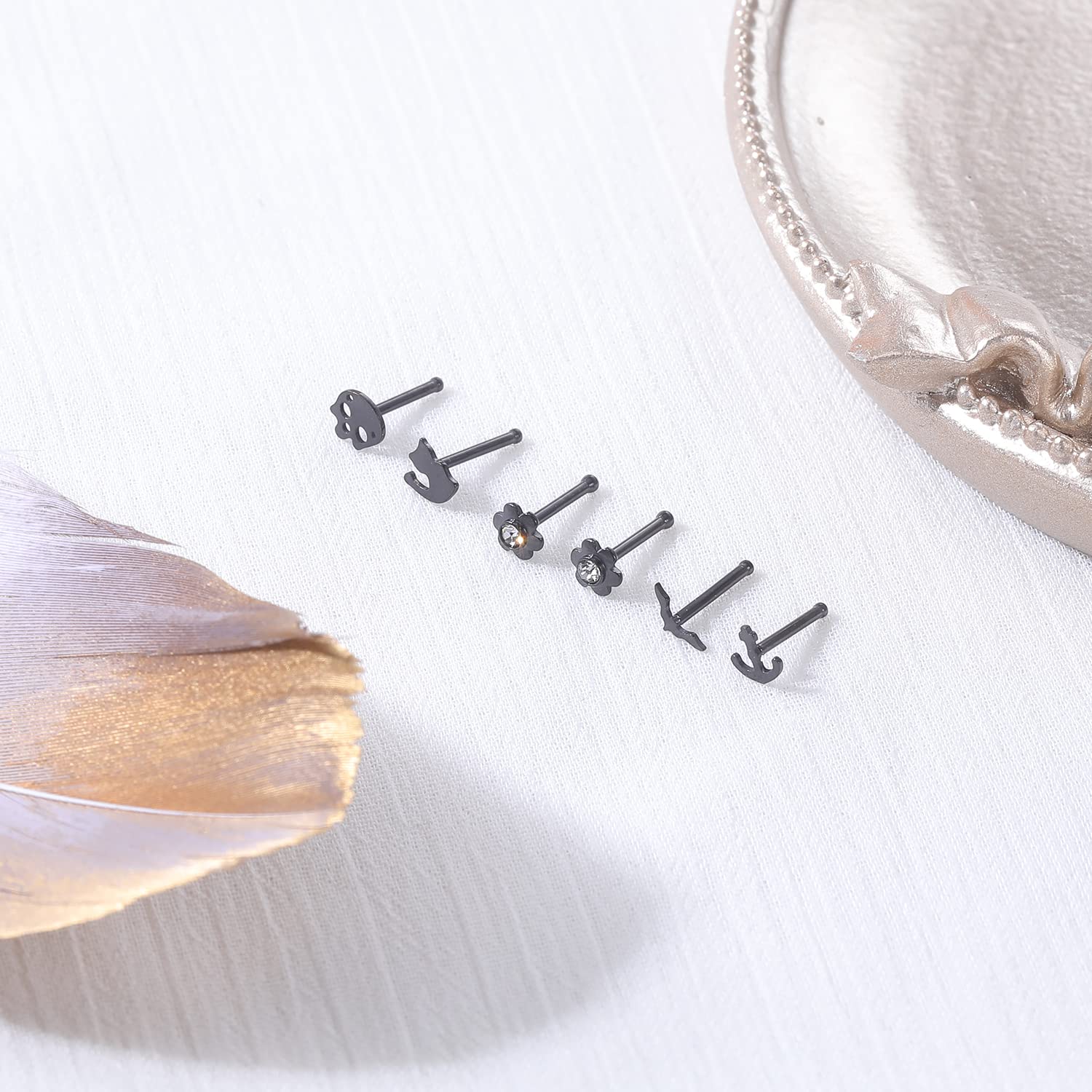 ZS 20G Corkscrew Nose Rings Surgical Steel L-Shaped Nose Studs Bat Skull Nose Bone Stud Nose Piercing Jewelry for Women (18pcs Black)