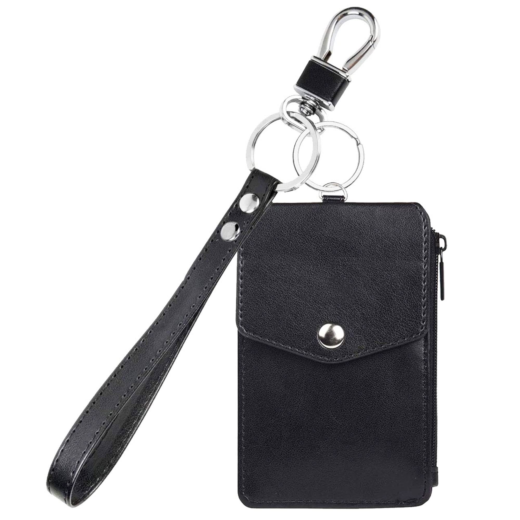 Teskyer Wristlet Keychain, Leather Wrist Strap Key Chain with Credit Card Holder, Black