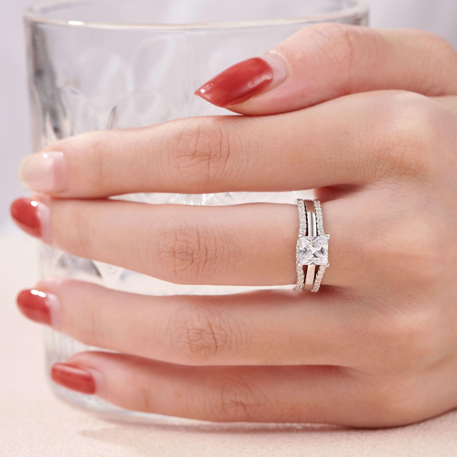 SHELOVES Solitaire Princess CZ Engagement Rings Set Wedding Band Guard Ring Enhancers Sterling Silver Sz 7