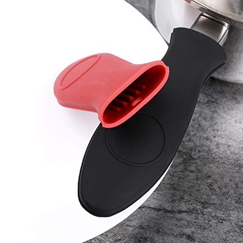 SKEMIX 4 Packs Silicone Hot Handle Holder Kitchen Heat Resistant Fry Pan Milk Pot Sleeve Grip Handle Cover Potholder for Cast Iron Skillets Griddles Metal & Aluminum Cookware β Black & Red