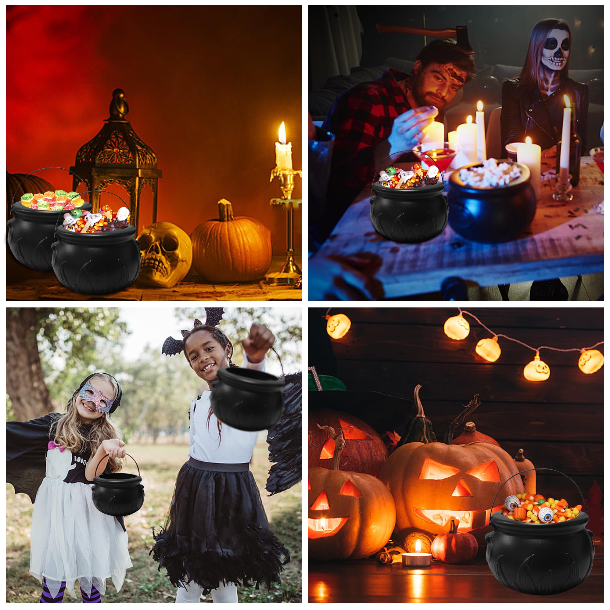 Zhitaoxun 3pcs Witches Cauldron Serving Bowls with Iron Rack,Halloween Party Decotations,Black Plastic Candy Bucket Cauldron Bowls for Halloween Outdoor and Indoor Decor