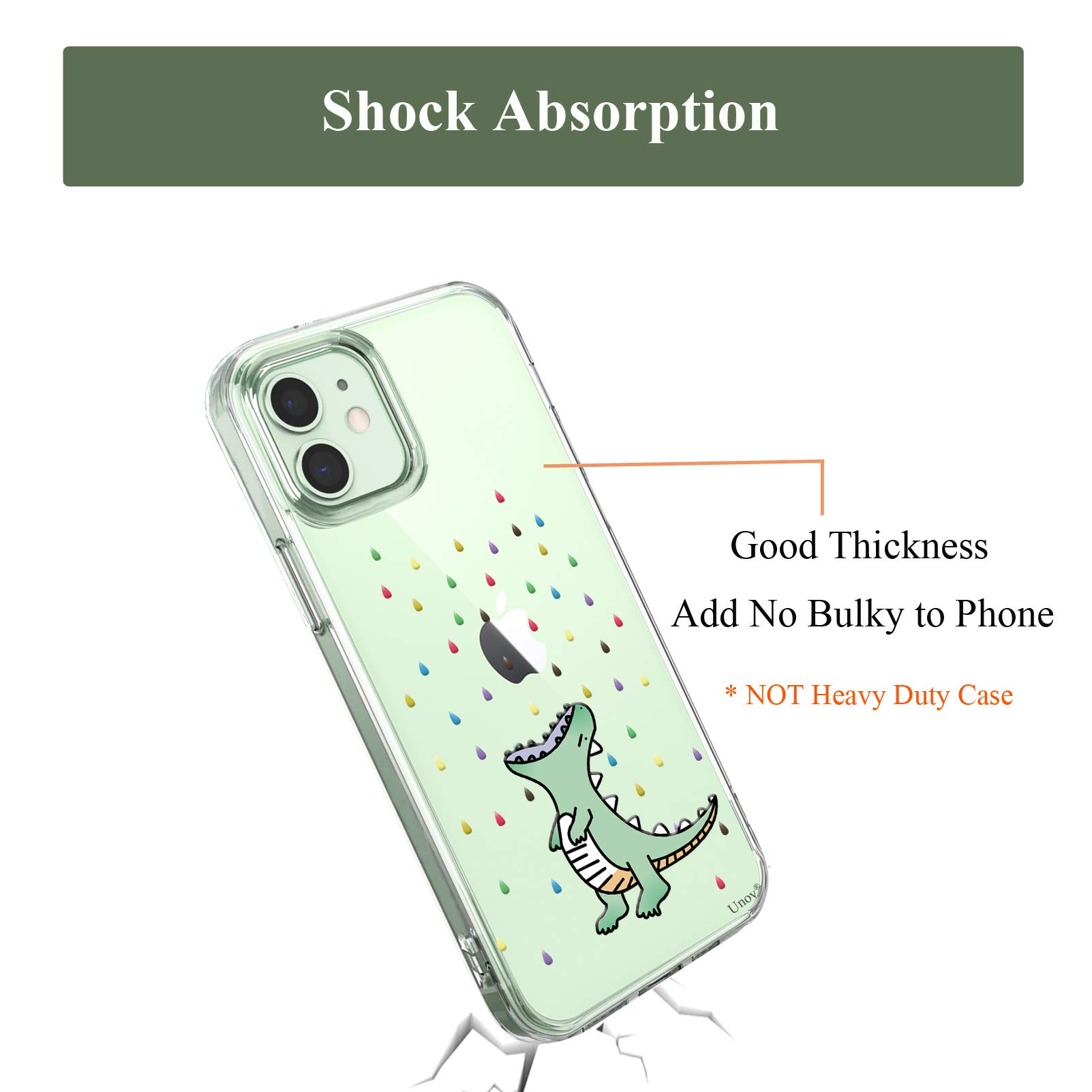 Unov Case Compatible with iPhone 12 Mini Case Clear with Design Slim Protective Soft TPU Bumper Embossed Pattern 5.4 Inch (Rainbow Dinosaur)