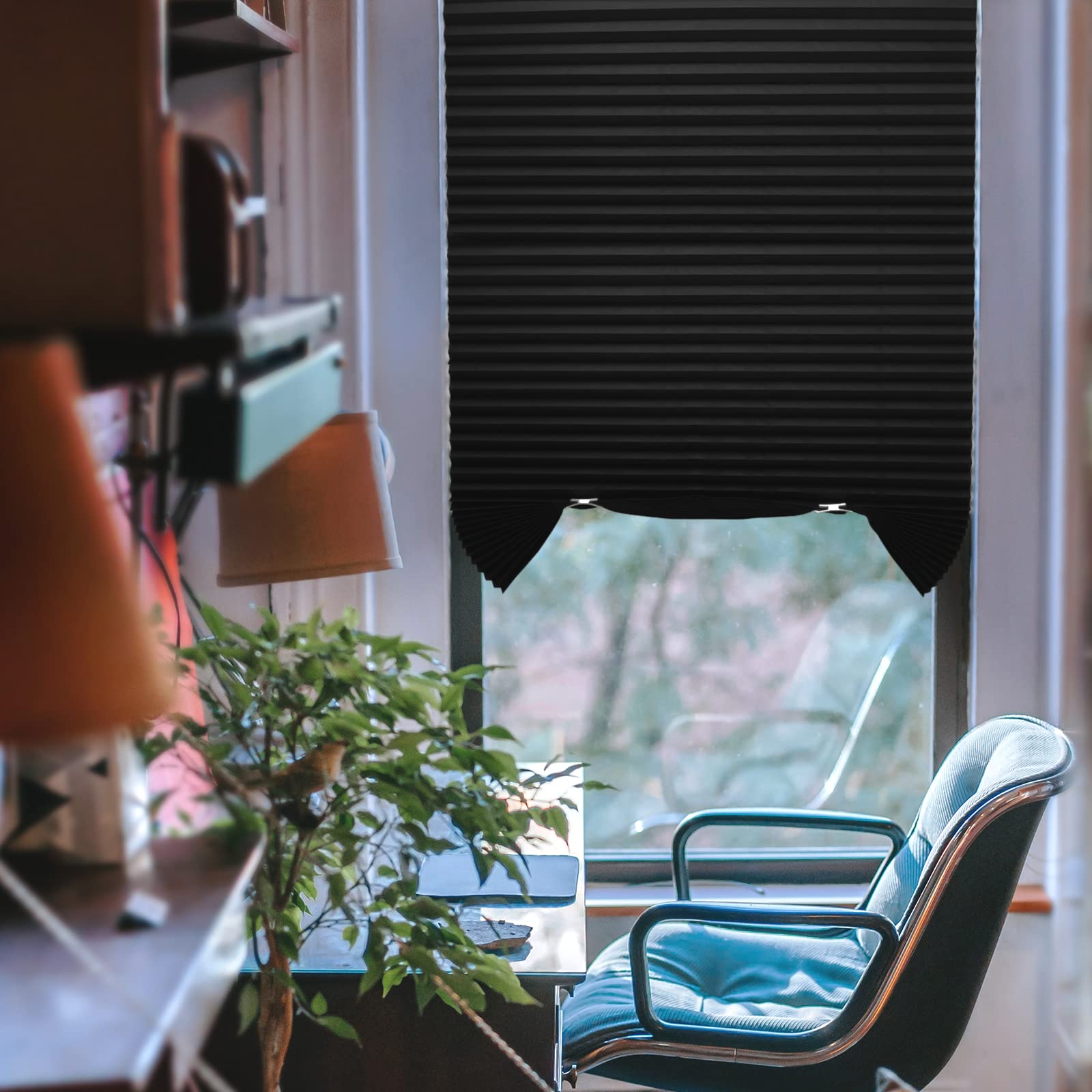 SEEYE Blackout Temporary Blinds Cordless Shades Fabric Pleated Fabric Shade Easy to Cut and Install, 48" W x 72" L - 1 Pack, Black, with 2 Clips