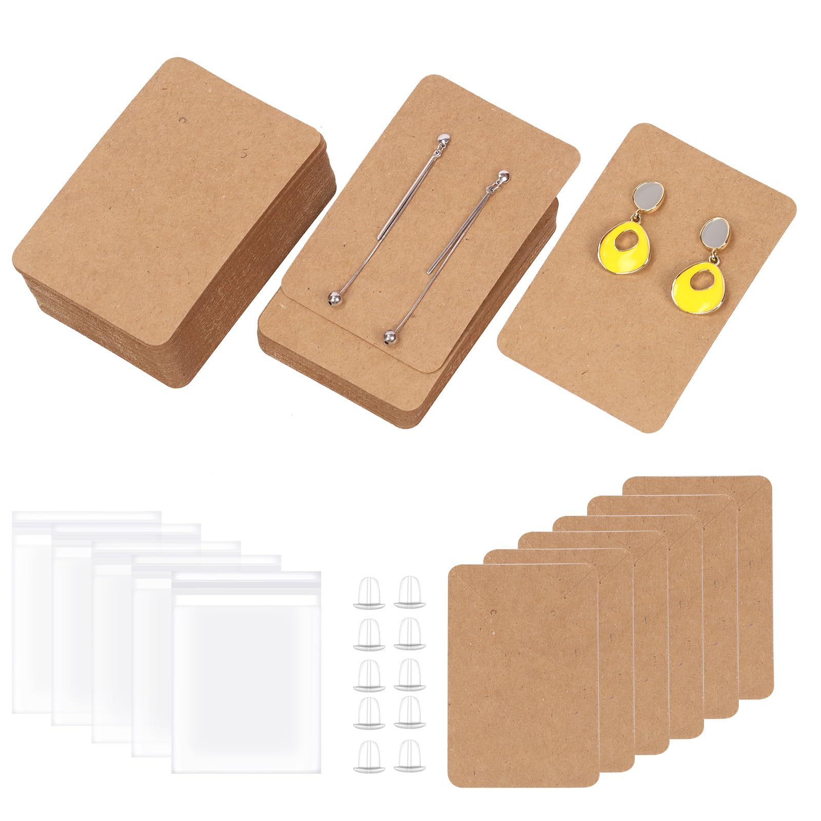 Swpeet 300Pcs Cowhide Color Earring Display Cards Assorment Kit, 100Pcs 3.5 x 2.4 Inches Square Earring Holder Cards with Silicone Earring Backs and Self-Seal Bags for Earrings Necklace Jewelry