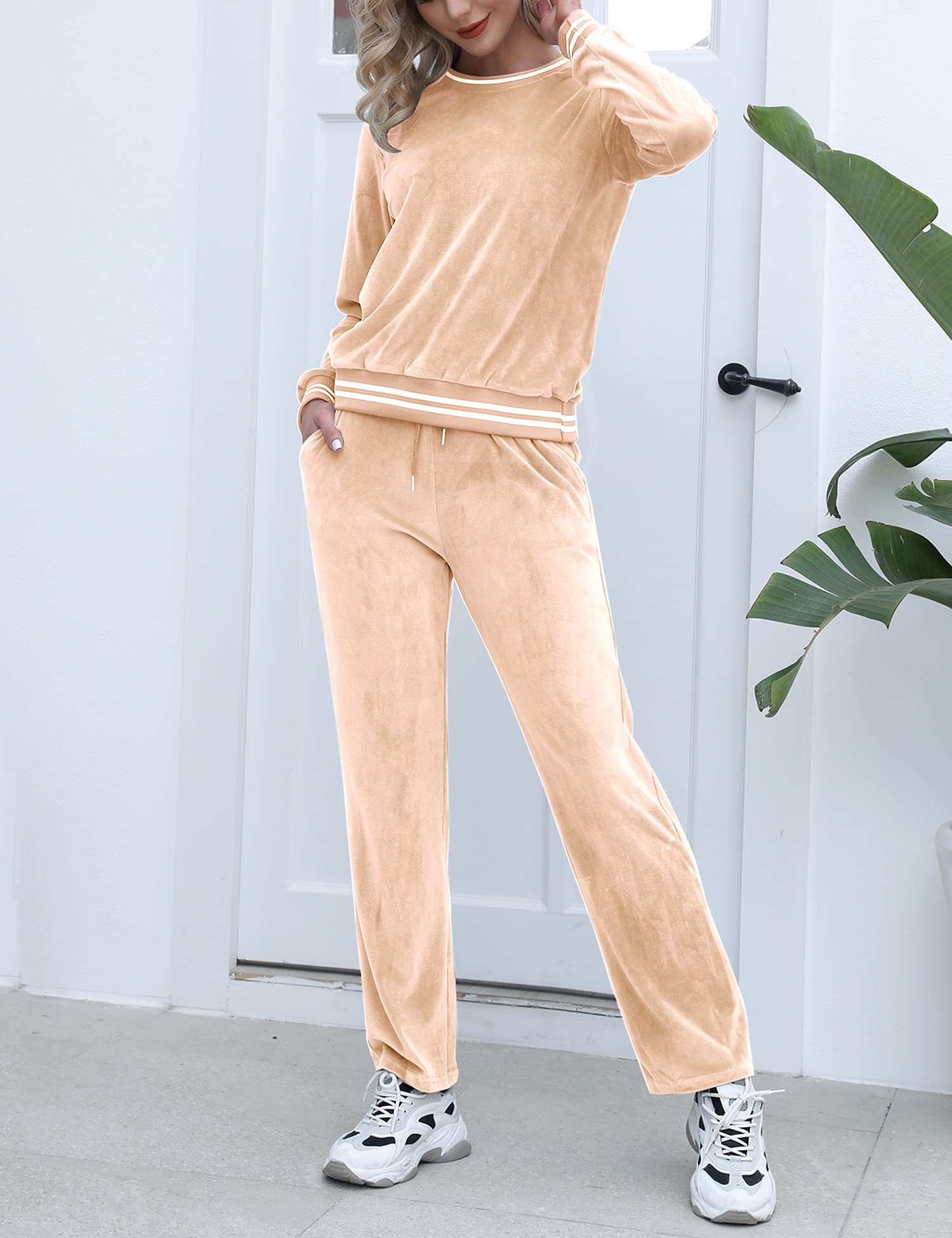 Totatuit Women's Velour Tracksuit 2 Piece Outfits Striped Long Sleeve Pullover and Pants Pajama Lounge Jogger Sets with Pocket