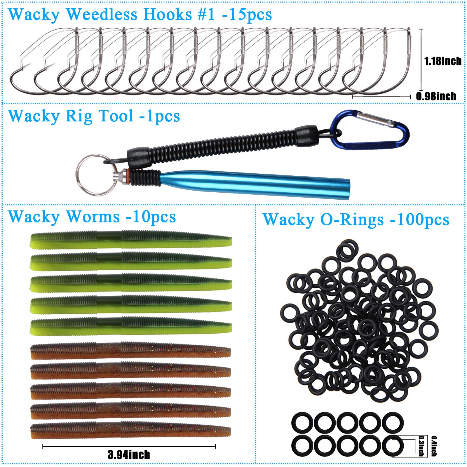 Wacky Rig Worm Hooks Fishing Tool Kit β Wacky Worms, Wacky O-Rings, Wacky Rig Tool, Wacky Weedless Hooks Soft Stick Bait Fishing Lures Hooks Kit