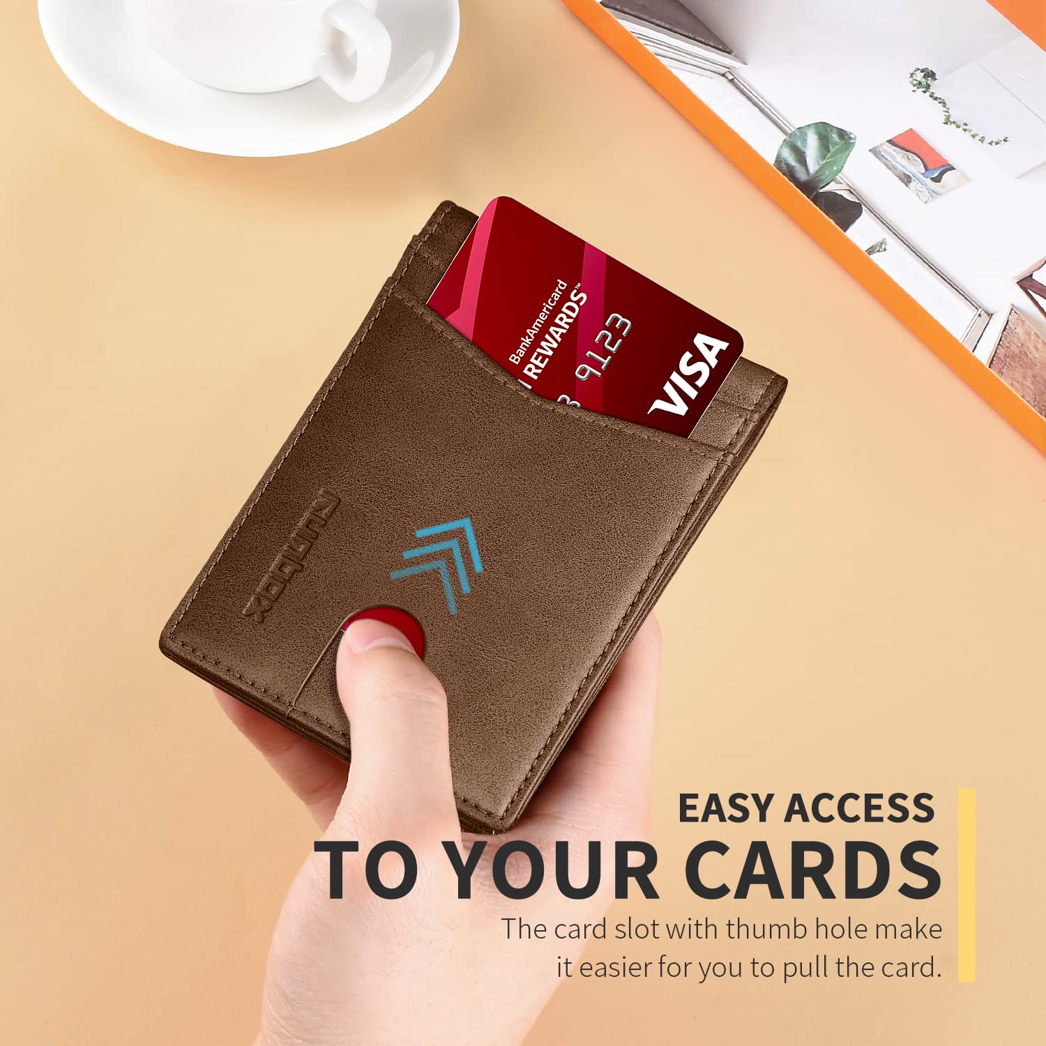 RUNBOX Wallet for Men Slim 8 Credit Card Holder Slots Leather RFID Blocking Small Thin Men's Wallet Bifold Minimalist Front Pocket Large Capacity Gift Box Coffee