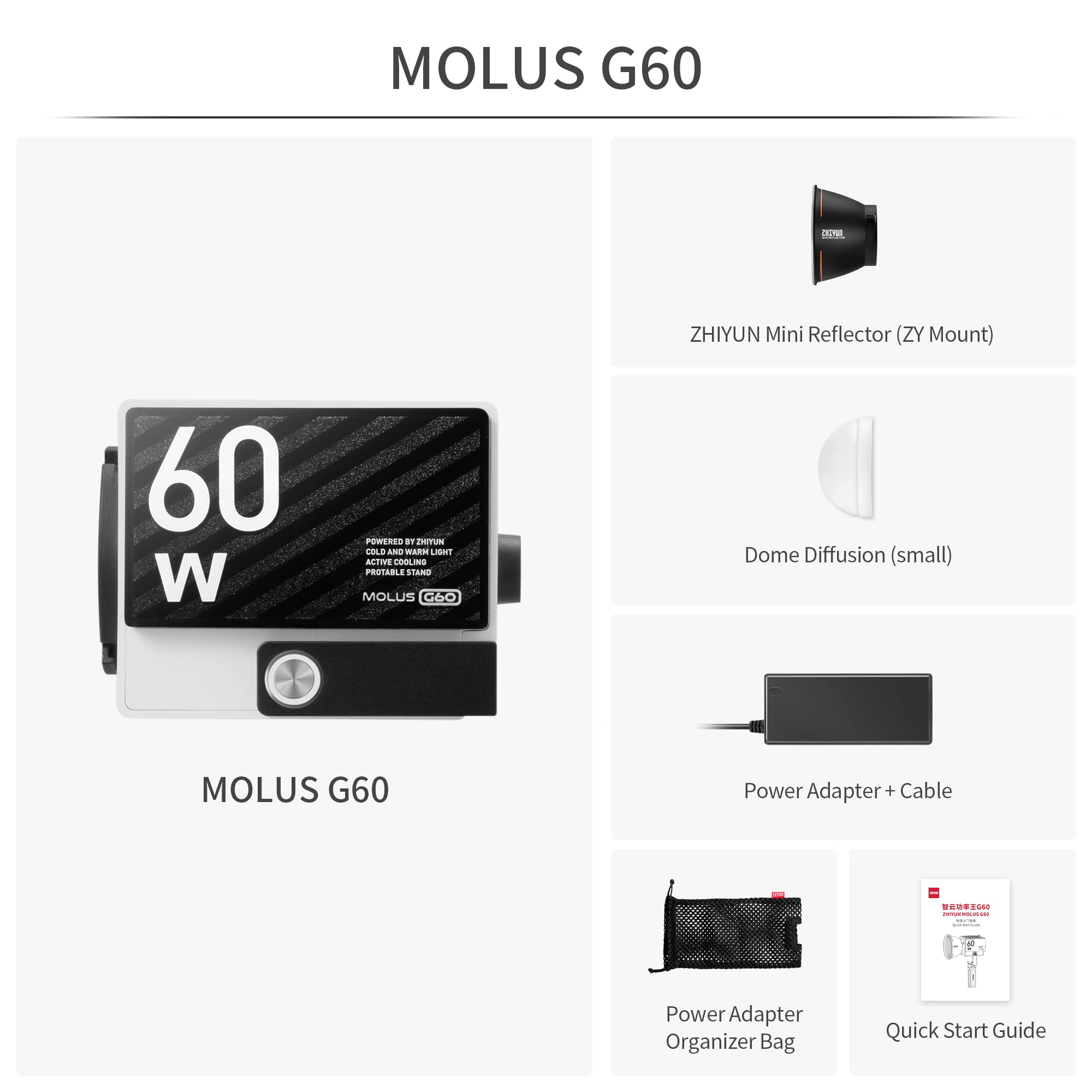 ZHIYUN Molus G60, Bi-Color Video Light, 300g Portable 60W COB LED Continuous Output Lighting, CRI≥96, TLCI≥97, Bluetooth App Control, ZY Mount Ecosystem DC/PD Power Supply