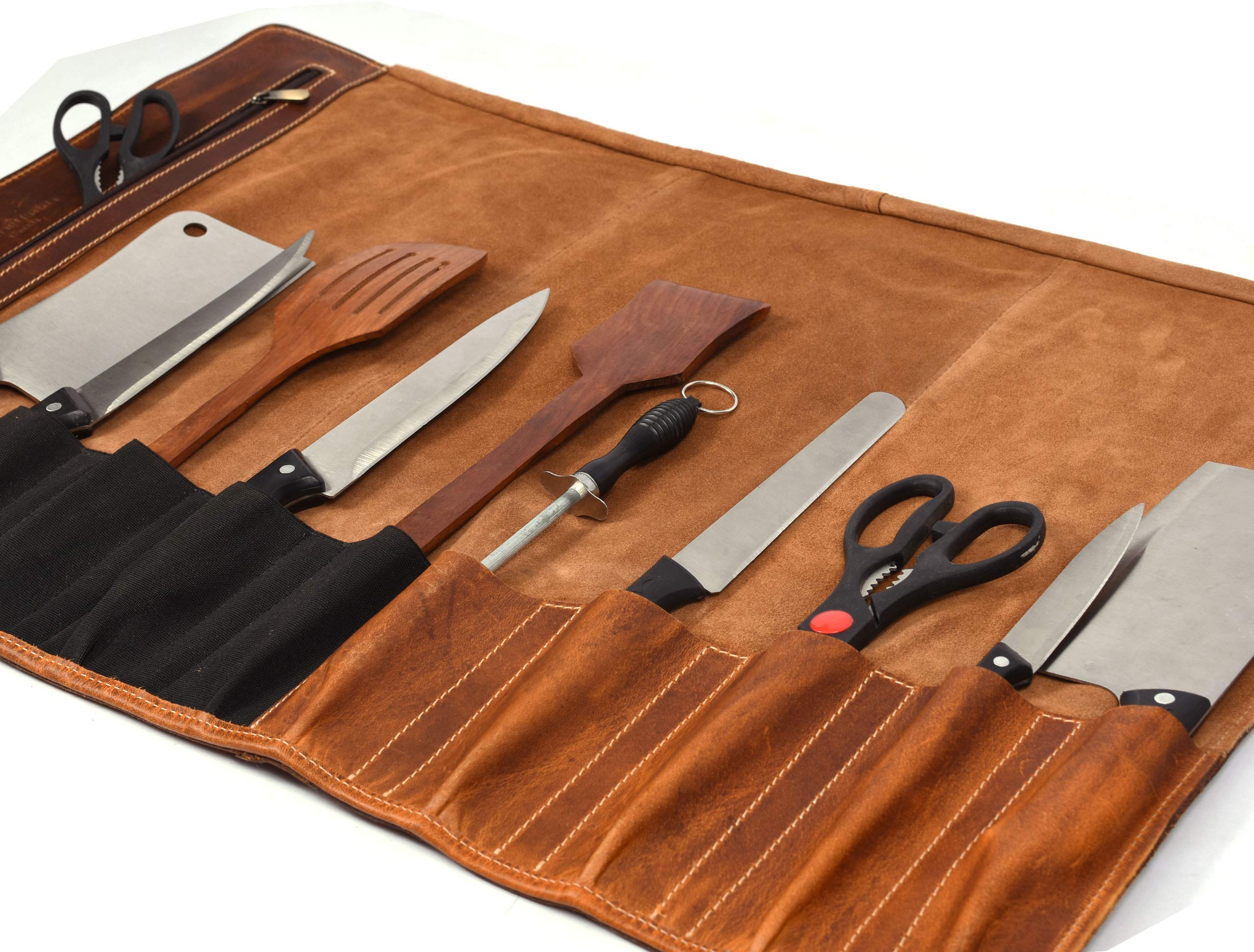 Tolredo Top Grain Buffalo Leather Chef Knife Roll Case 10 Slot and 1 Zipper Pocket for Culinary Storage Portable Bag with Detachable Shoulder Strap (Walnut, 29.5" X 20")
