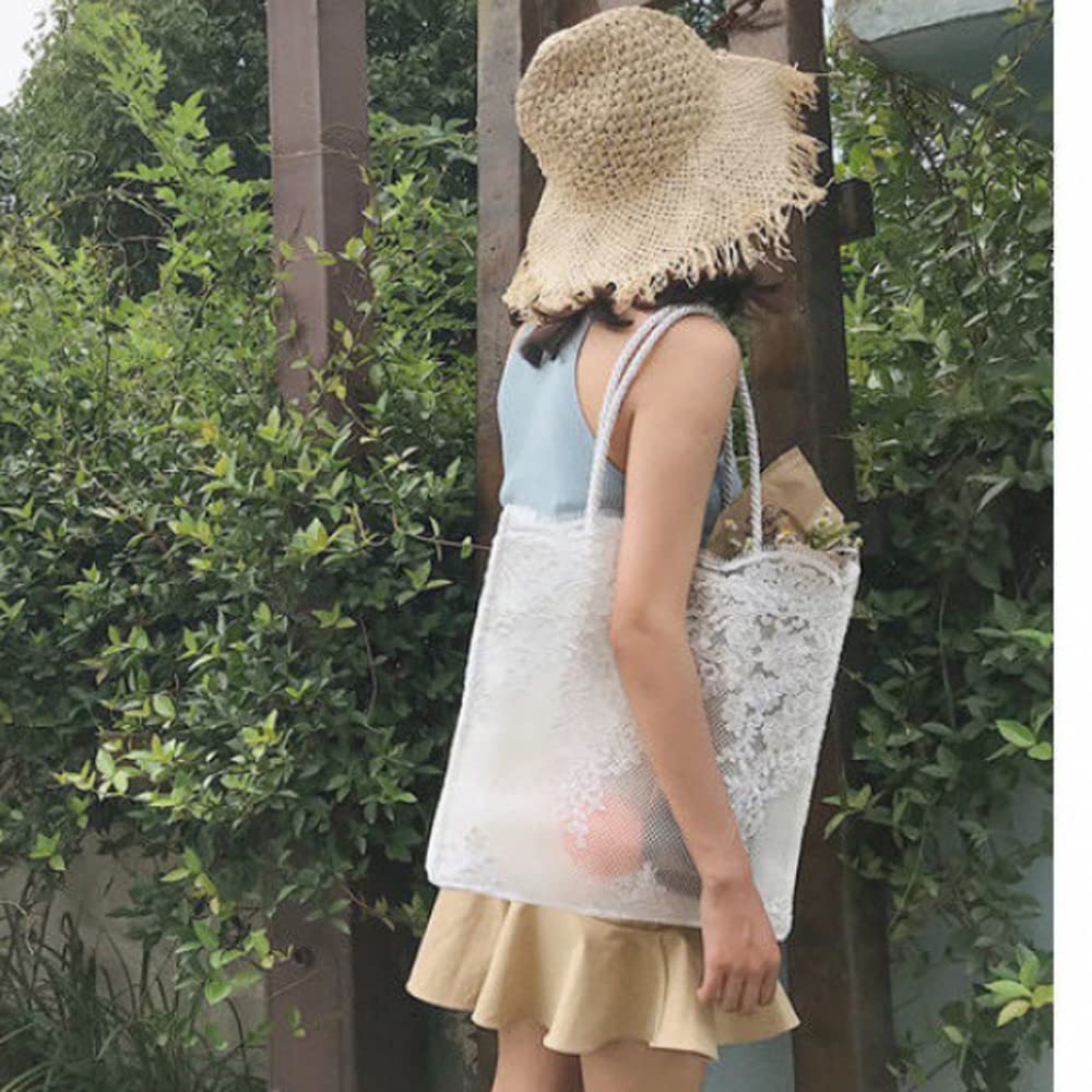Sweet fairy lace bag hand shoulder tote bag embroidered hollow shopping bag (White)