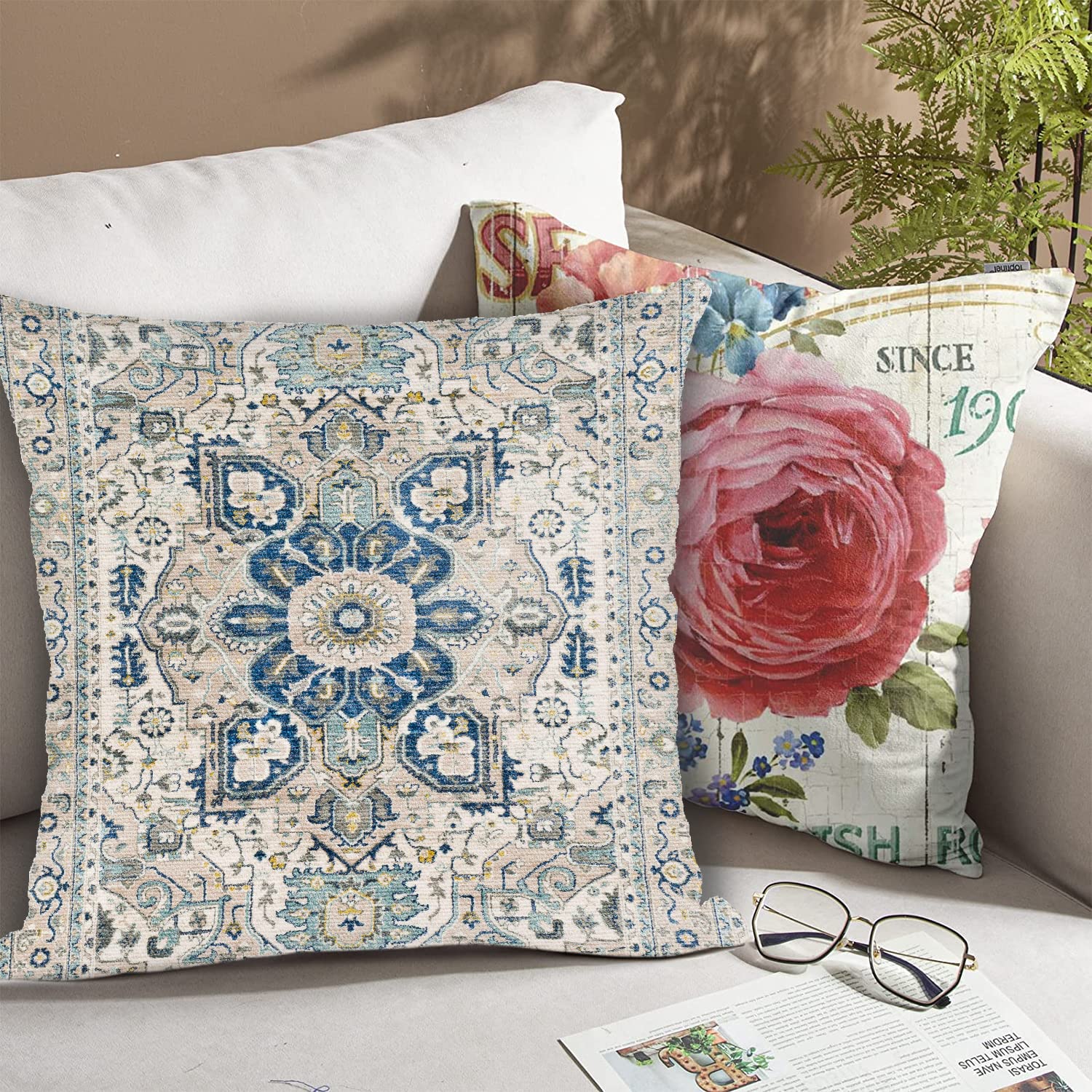 Snycler Blue Boho Style Throw Pillow Cover Ethnic Design Pattern Linen Persian Carpet Tribal Pattern Throw Pillow Case 18x18 inch Cushion Cover Home Office Decorative Square