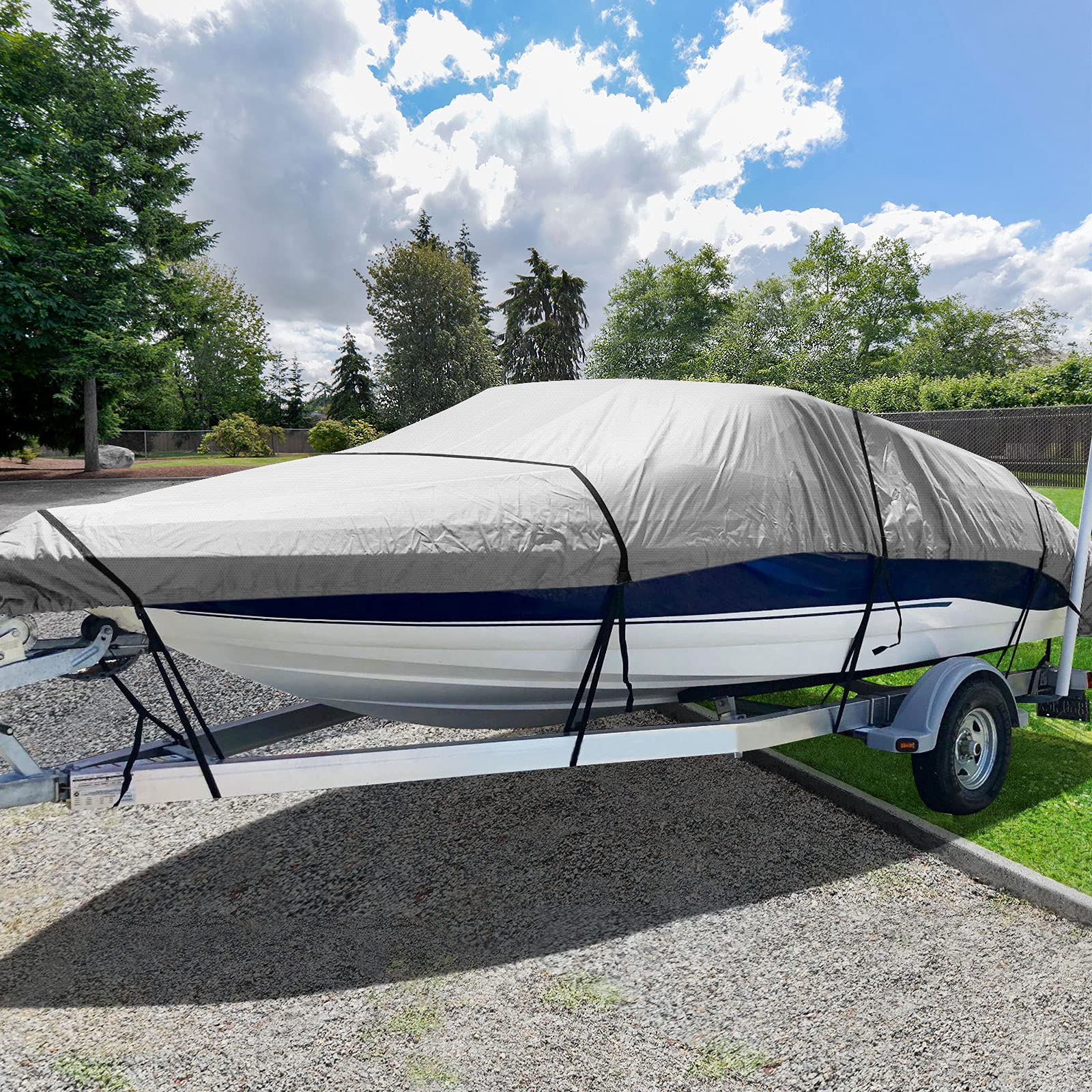 RVMasking Waterproof Polyester Trailerable Full Size Boat Cover for V-Hull Runabouts Outboards and I/O Bass Boats, Motor Cover Include (Gray, Length:17'-19' Beam Width: up to 96")