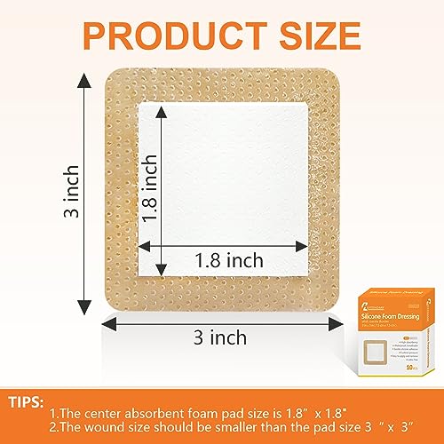 Silicone Adhesive Foam Dressing with Gentle Border 3''x3'' - 10 Pack High Absorbency Waterproof Wound Bandage for Bed Sores, Leg Ulcers, and Foot Diabetic Ulcers