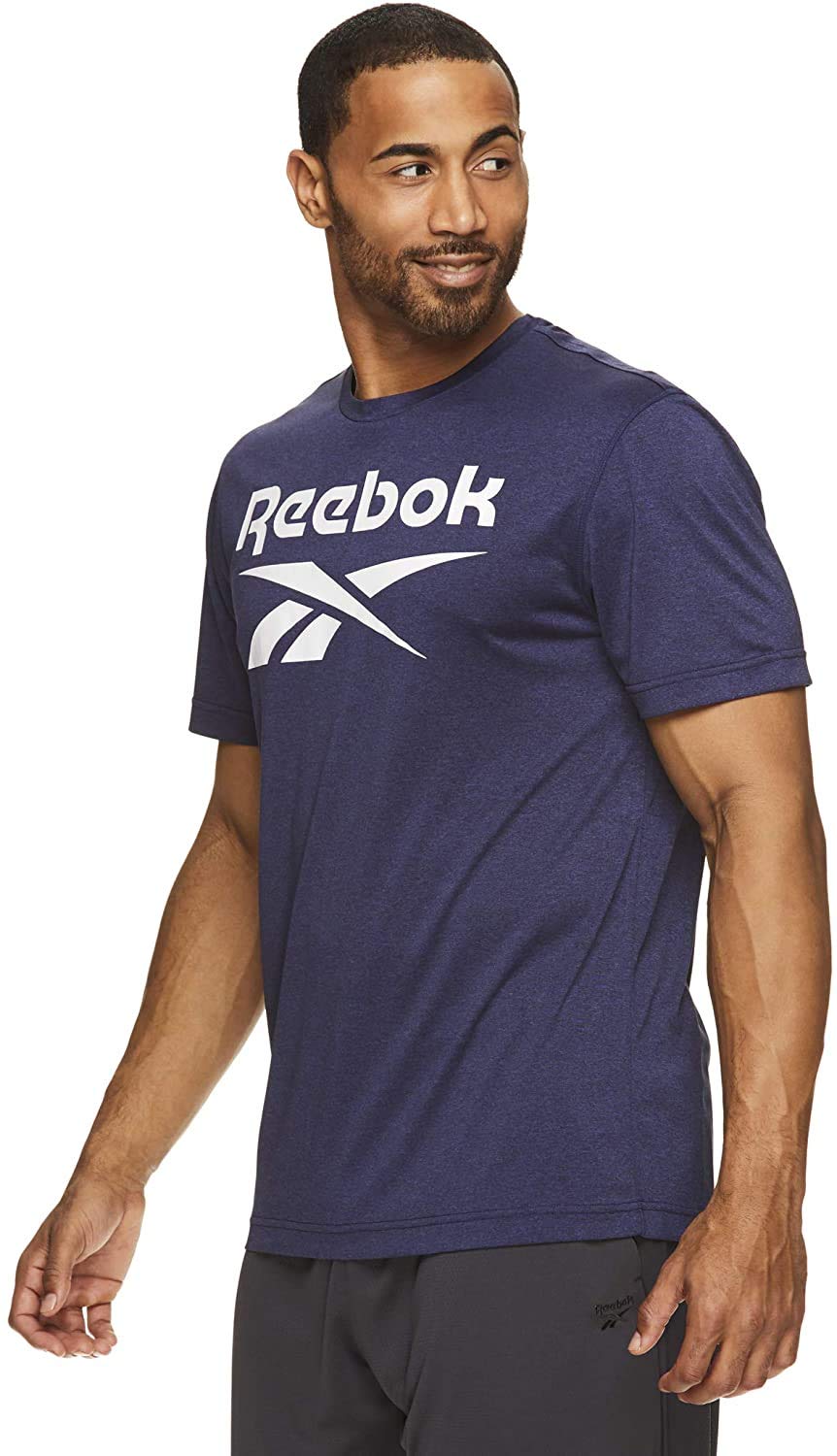Reebok Men's Supersonic Crewneck Workout T-Shirt Designed with Performance Material - Neptune Navy Heather Blue, Medium