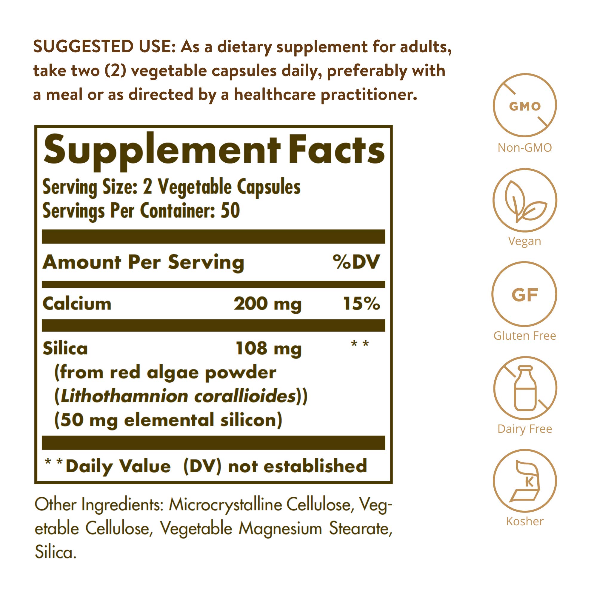Solgar Oceanic Silica from Red Algae 25 mg, 100 Vegetable Capsules - Excellent Source of Calcium, Supports Bone Health - Non-GMO, Vegan, Gluten Free, Dairy Free, Kosher - 50 Servings
