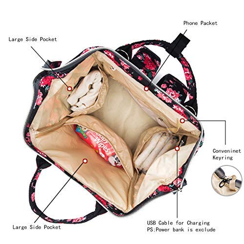 ROYALFAIR Diaper Bag Backpack Large Capacity Mummy Bag For Baby Care With Stroller Straps in Flower Pattern