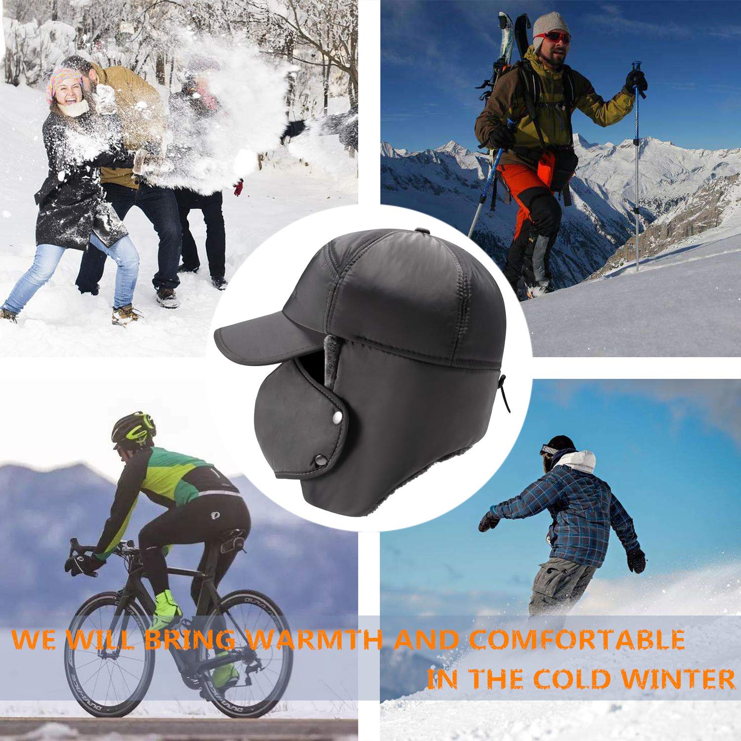Trooper Trapper Hat Men Women Warm Winter Hats with Ear Flap Faux Fur Hunting Aviator Hat Black