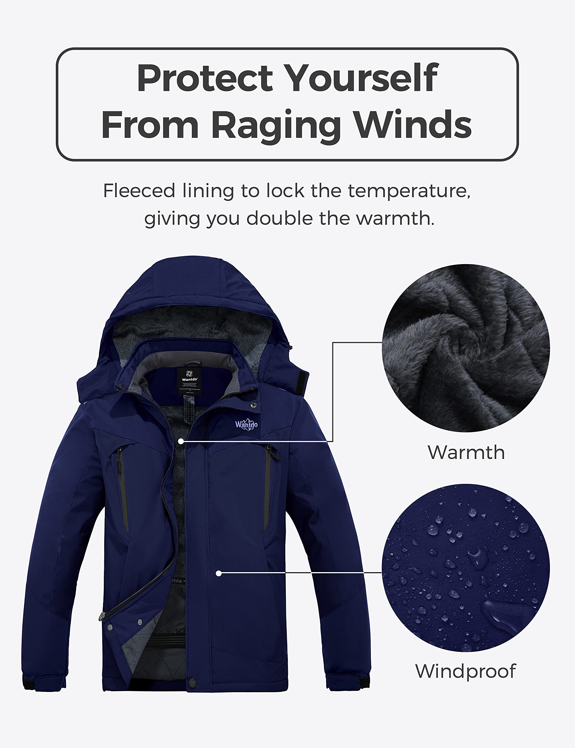wantdo Men's Waterproof Snow Coat Rain Jacket Wind Resistant Winter Parka Dark Blue M