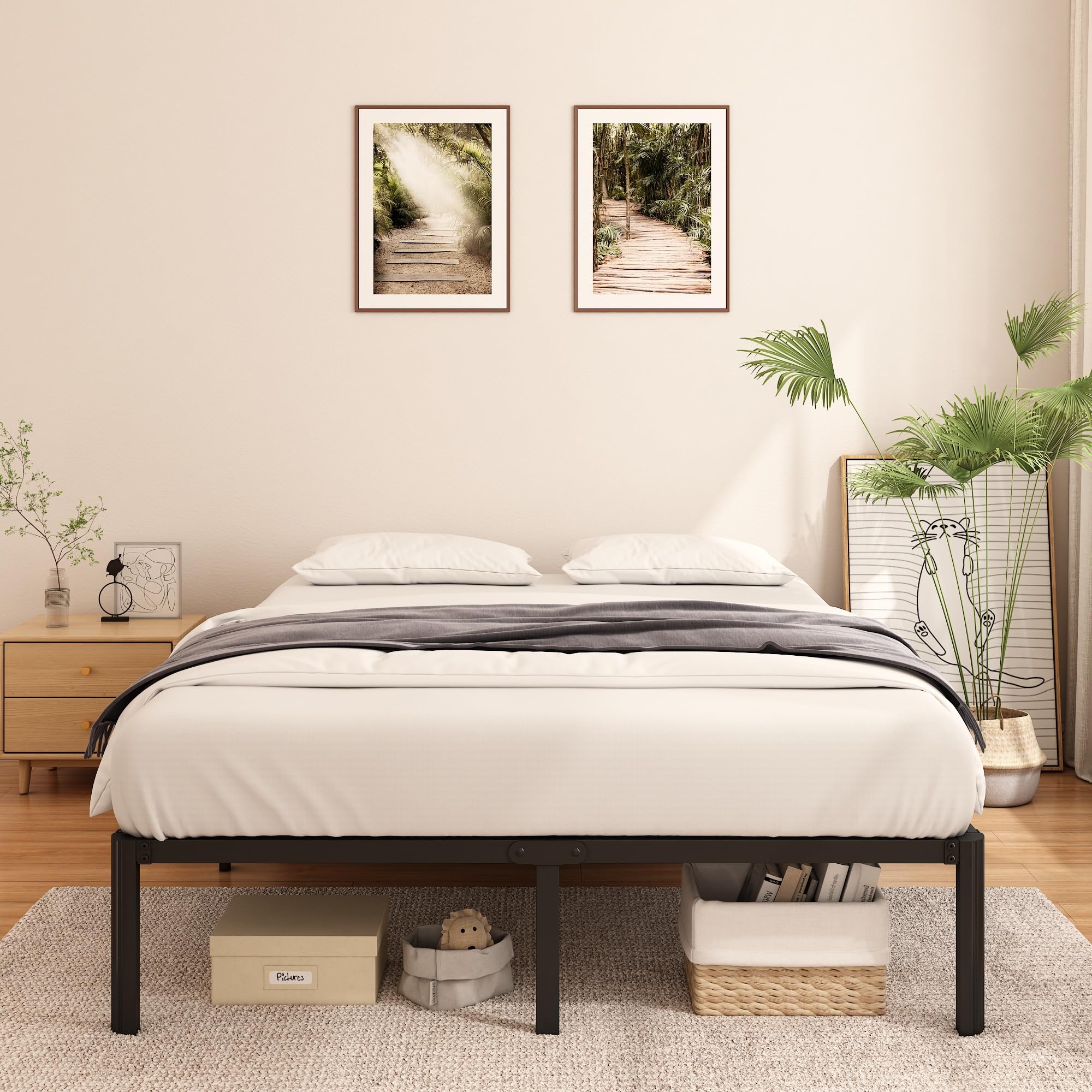 Riwanca 14 Inch Bed Frame Queen Size with Round Corner Legs, No Box Spring Needed, Heavy Duty Black Metal Platform Mattress Foundation, Non-Slip Noise Free Easy Assembly