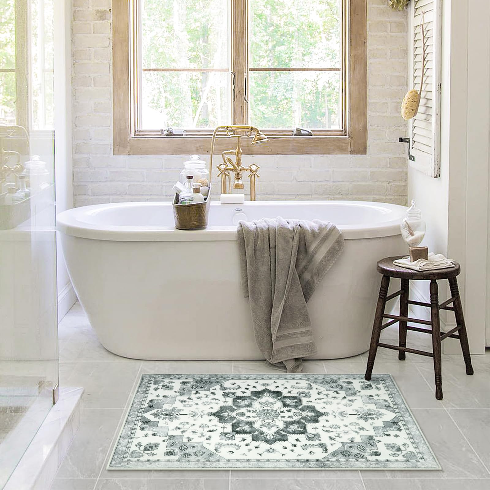 Seavish Boho Bathroom Rugs Non Slip 24"x36" Grey Throw Rugs with Rubber Backing Washable Bath Rugs for Bathroom Traditional Soft and Absorbent Bath Mat Low-Pile Floor Carpet for Laundry Bedside