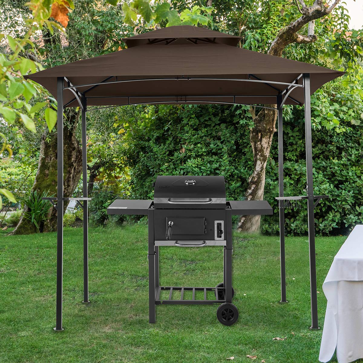 Royard Oaktree 8 x 5 Ft Grill Gazebo w/Double Roof Canopy Outdoor BBQ Gazebo with Hook and Bar Counters Modern Grill Canopy Pergola for Patio Garden Backyard,Grey