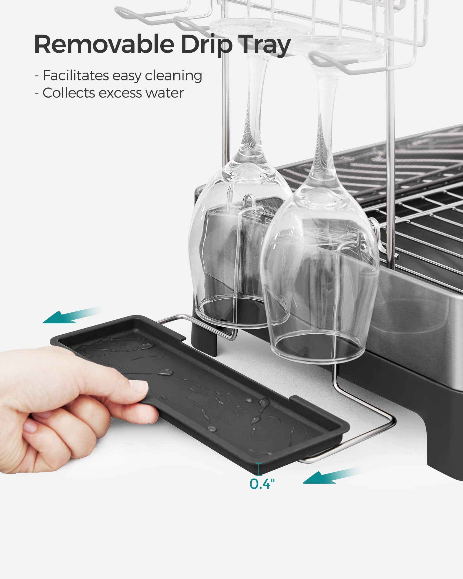 SONGMICS Dish Drying Rack - 2 Tier Dish Rack for Kitchen Counter with Rotatable and Extendable Drain Spout, Dish Drainer with Utensil, Cup, Glass, Cutting Board Holders, Black UKCS032B01