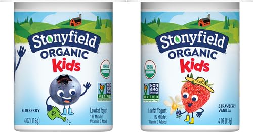 Stonyfield Organic Kids Strawberry Vanilla & Blueberry Lowfat Yogurt Cups Variety Pack, 4 oz. Each, 6 Ct