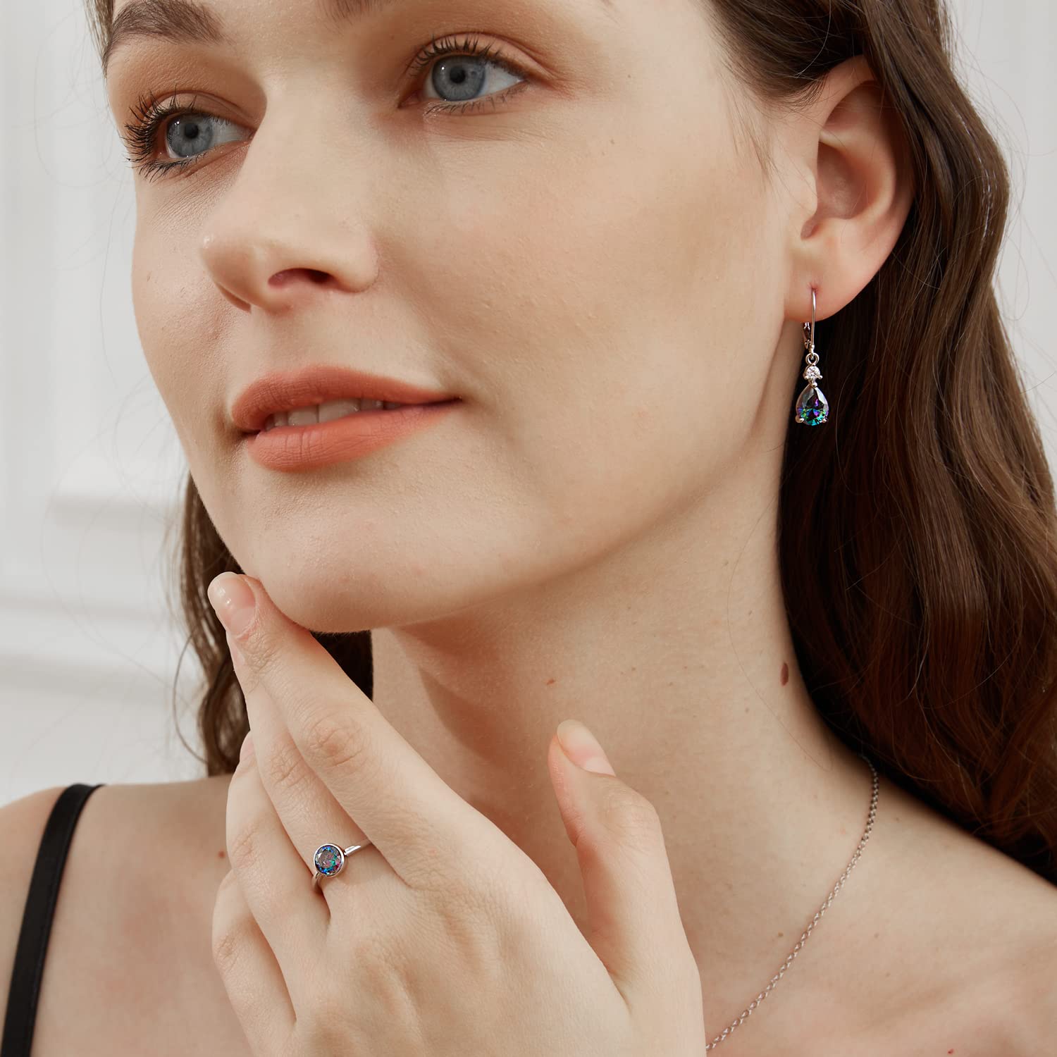 Teardrop Leverback Earrings 925 Sterling Silver Created Rainbow Quartz Mystic Topaz Drop CZ Dangly Pear Earings Vintage Hypoallergenic Jewelry for Women