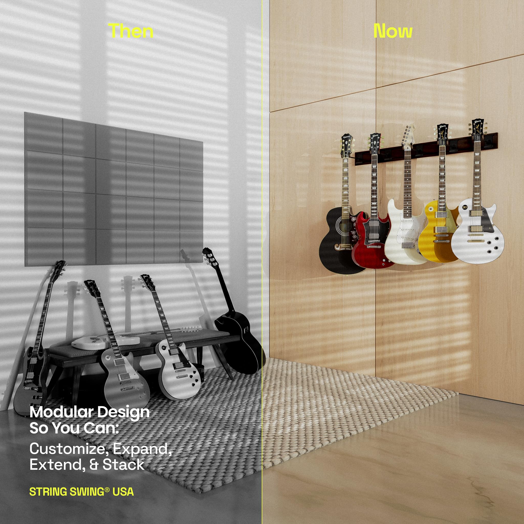 String Swing Guitar Wall Rack - Multiple Guitar Wall Mount - Guitar Organizer for Acoustic & Electric Guitars - 5 Padded Arm Hangers & Copper Slatwall Rail - Wall Mount Guitar Rack - MADE IN USA