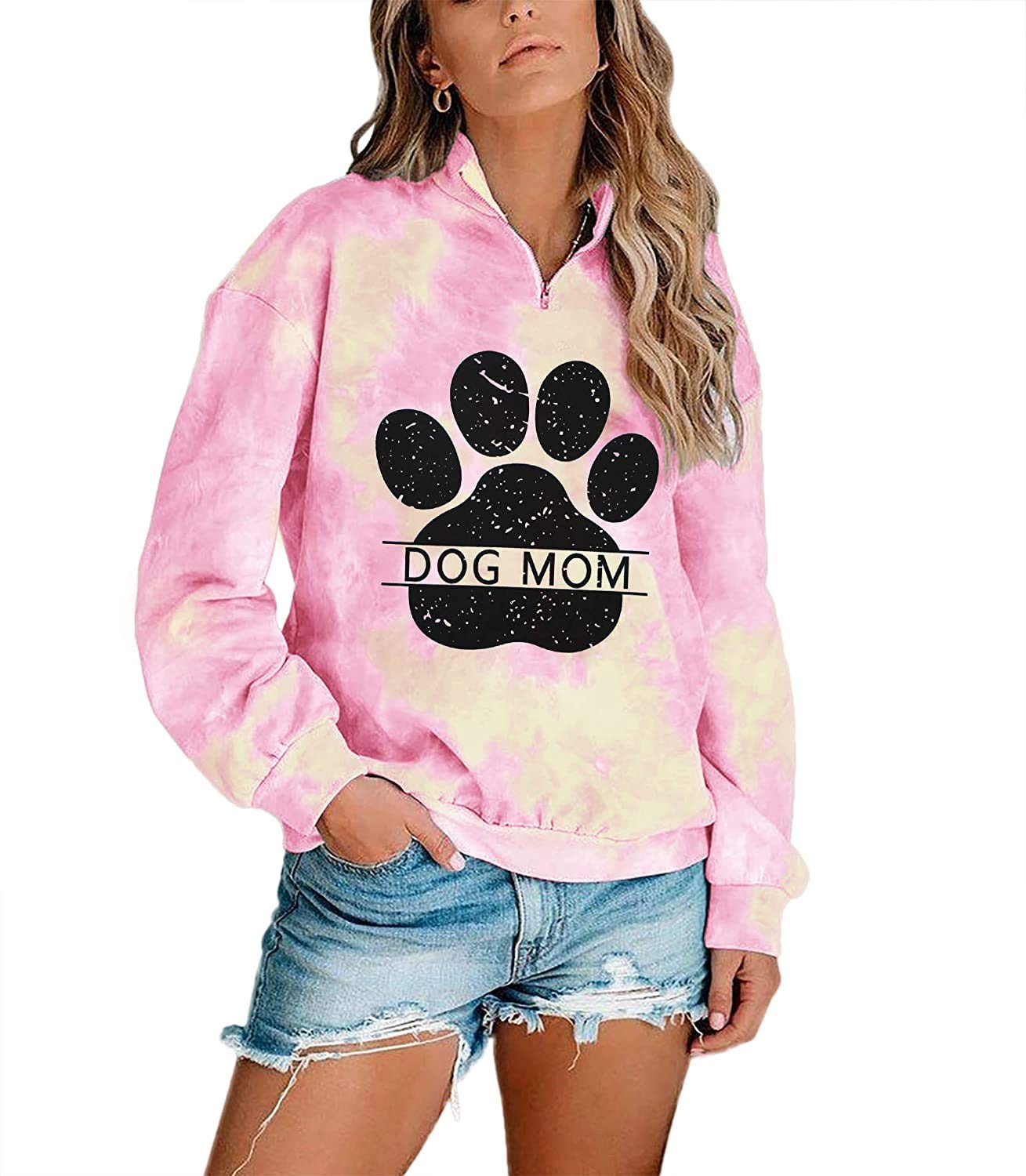 TAKEYAL Womens Quarter Zip Pullover Oversized Sweatshirts Pockets Half Zip Hoodies Y2K Clothes Teen Girls (Pink, L)