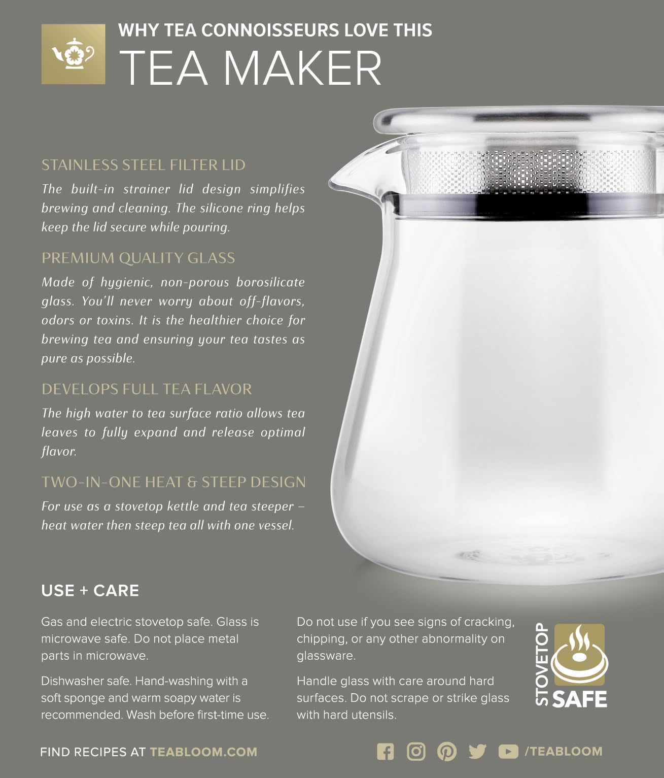 Teabloom One-Touch Tea Maker, 2-in-1 Teapot and Kettle with Stainless Steel Filter Lid for Loose Tea β Stain-free Borosilicate Glass Tea Pot (15 Oz) β Tea Connoisseur's Choice
