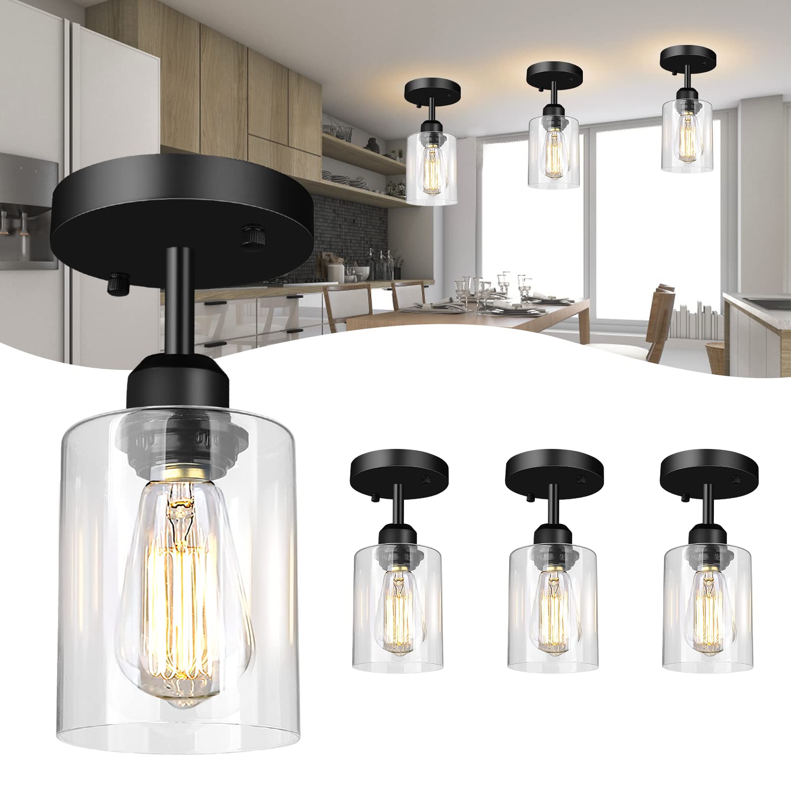 Sheetea 3-Pack Semi Flush Mount Ceiling Lights, Modern Close to Ceiling Light Fixtures with Clear Glass Shades, Black Industrial Lighting Ceiling Mount for Hallway Entryway Kitchen Bedroom Foyer