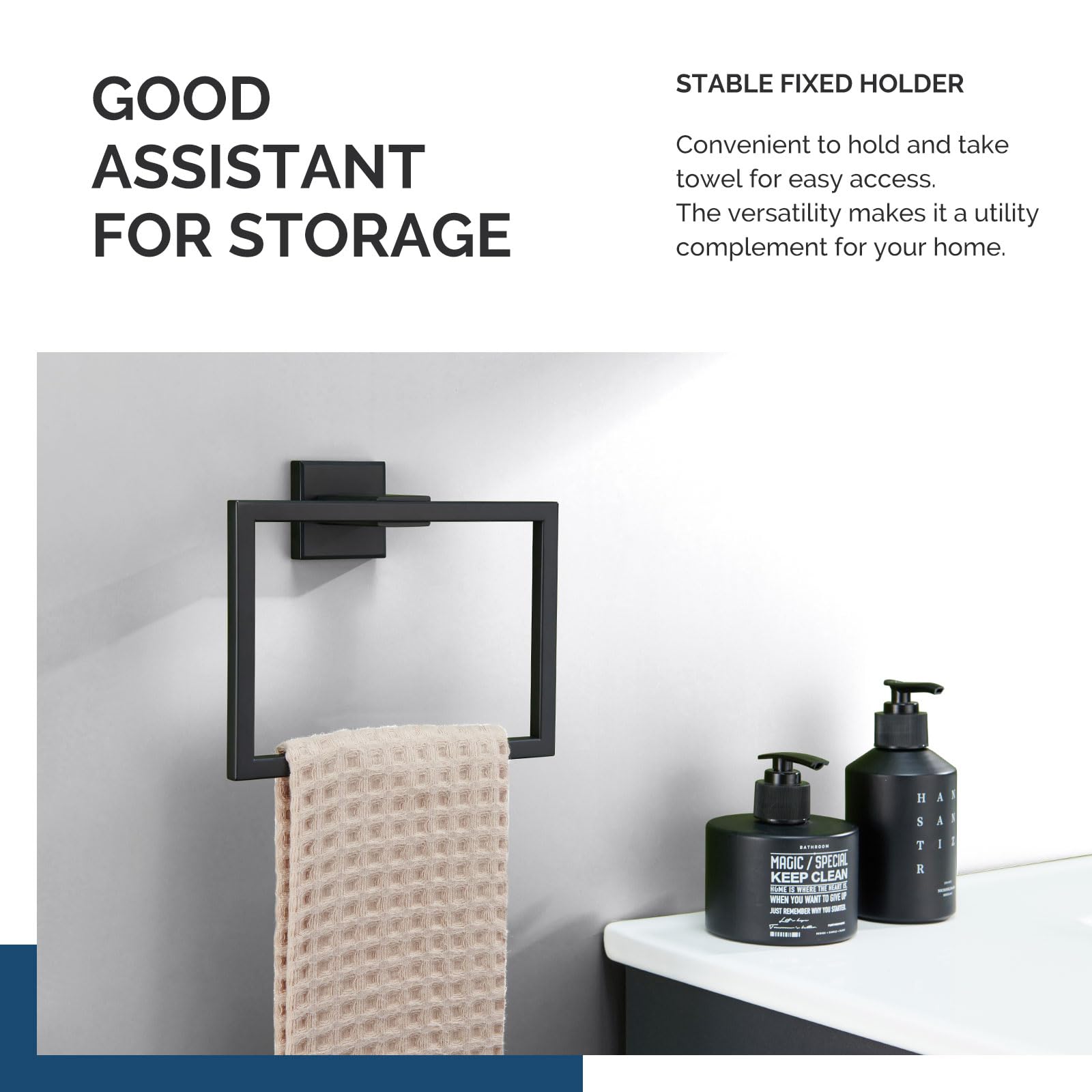 Towel Holder Matte Black, Angle Simple Stainless Steel Bathroom Hand Towel Rack, Square Towel Ring for Wall, 7.09-Inch
