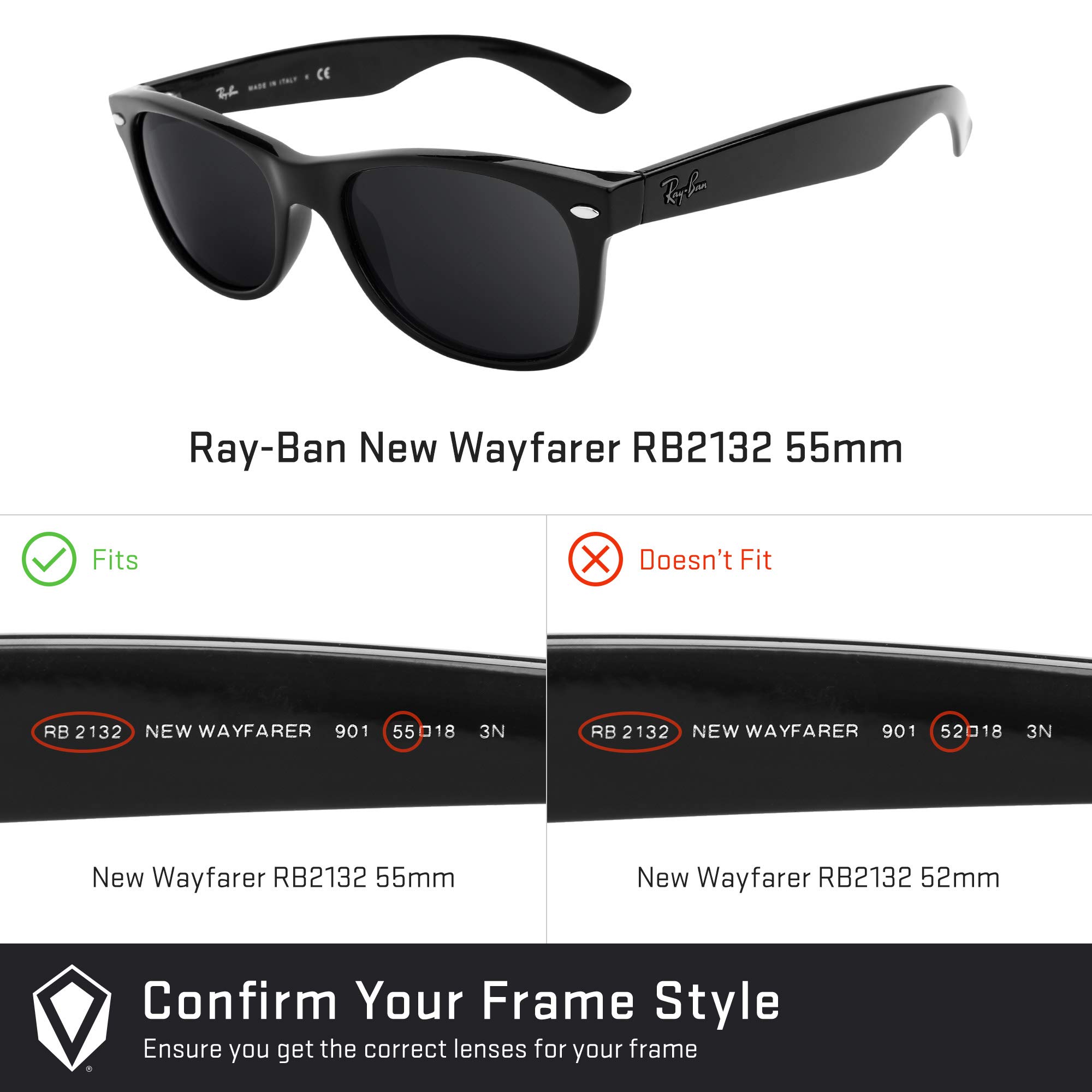 Revant Replacement Lenses for Ray-Ban New Wayfarer RB2132 55mm sunglasses, UV Protection, Anti-Scratch and Impact Resistant, Polarized Stealth Black