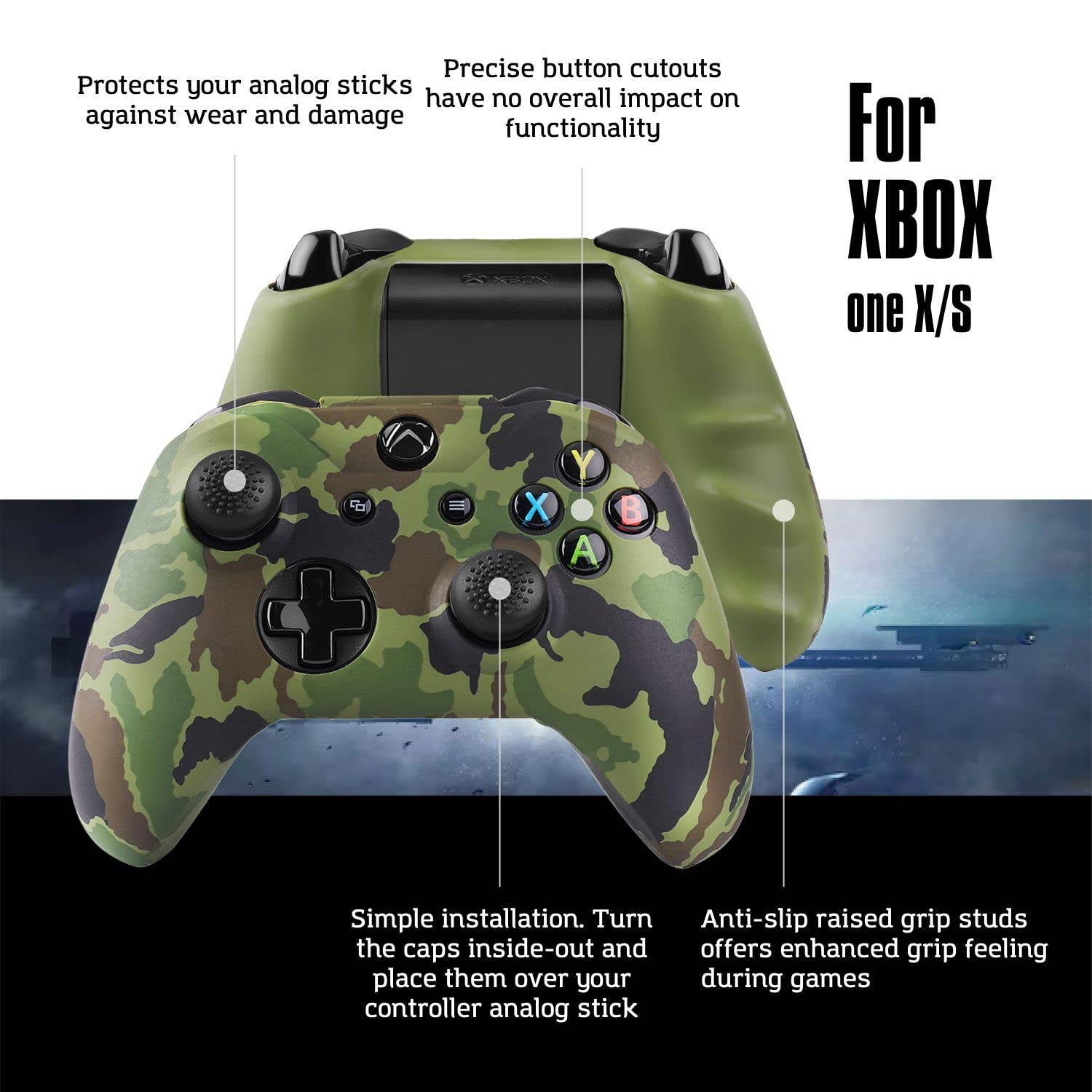 TNP Silicone Skin for Xbox One Controller - Controller Cover for Xbox One S | One X - Anti-Slip Silicone Controller Case Sleeves with 4 Large 4 Small Thumb Grip Caps, Camo Green
